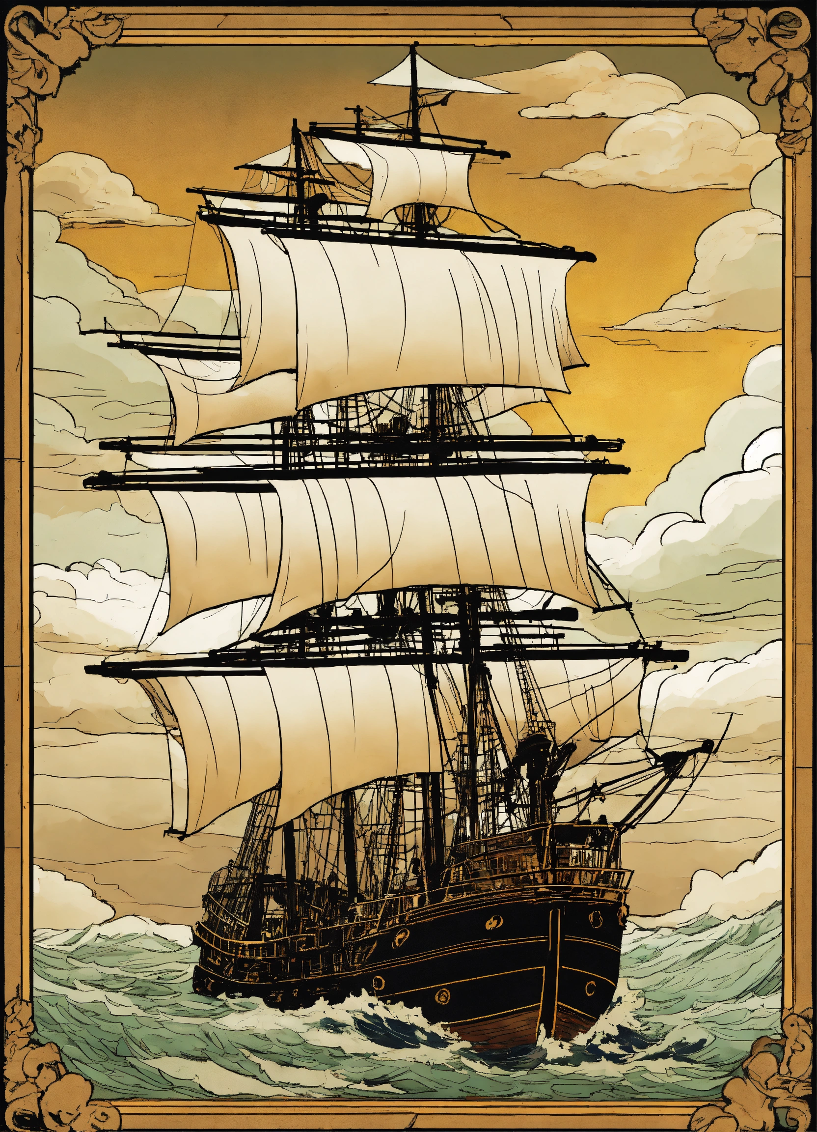 Lexica - Comic drawing of sailing ship with three masts in stormy sea.