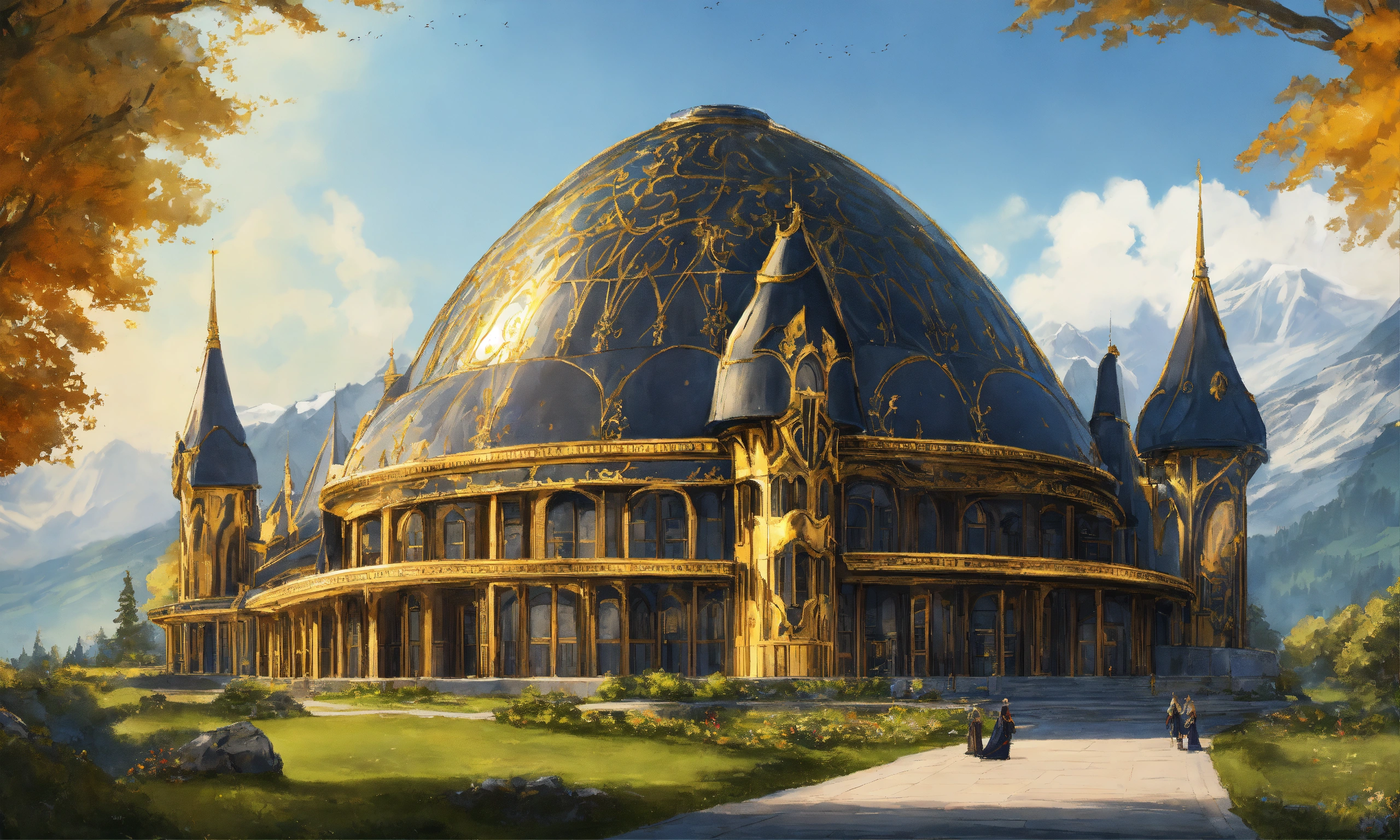 Lexica - Drawing of the full image of a massive black and gold elegant high elf sci fi palace in ...