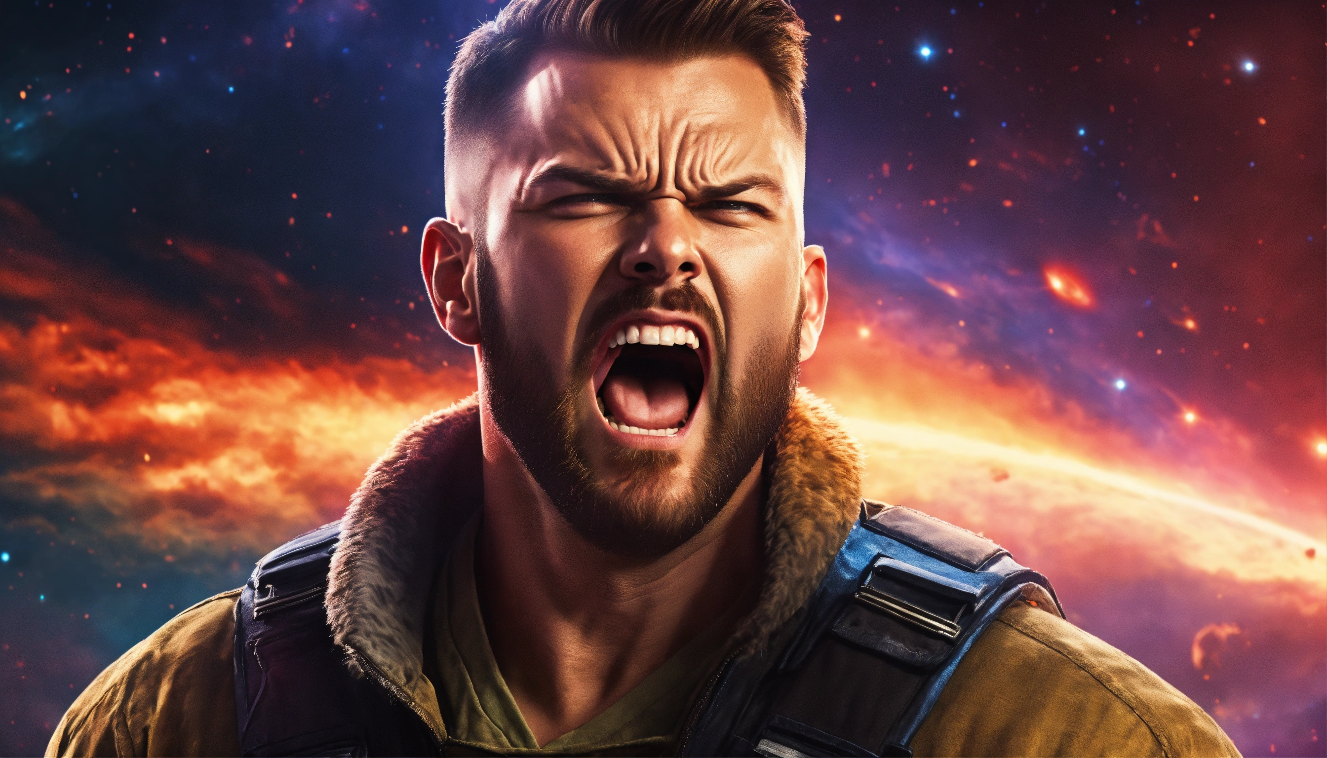 Lexica - Very angry yelling man, crew cut, no beard, universe in ...