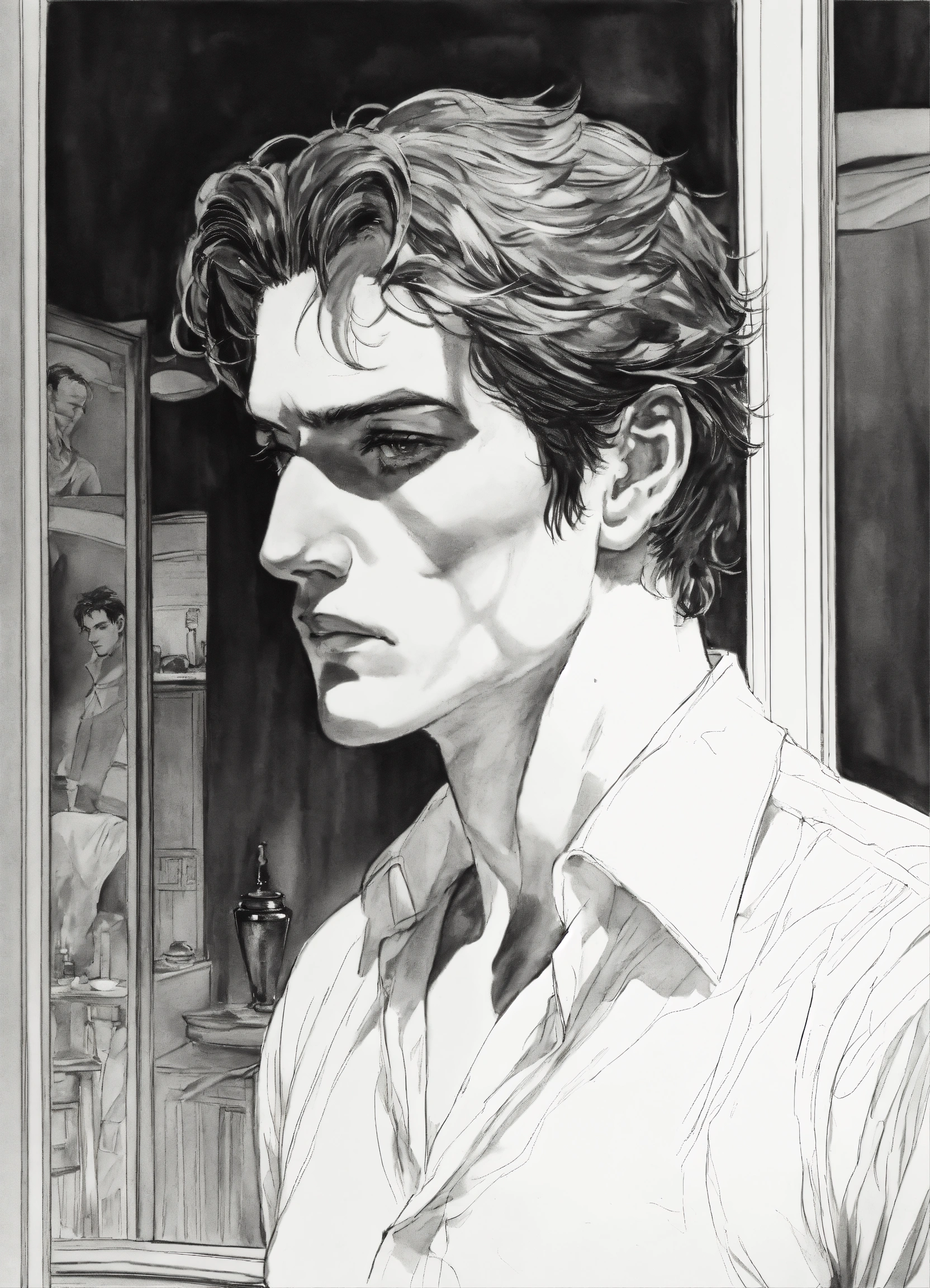 Lexica - A B/W drawing, Milo Manara style, of a portrait of a man from ...