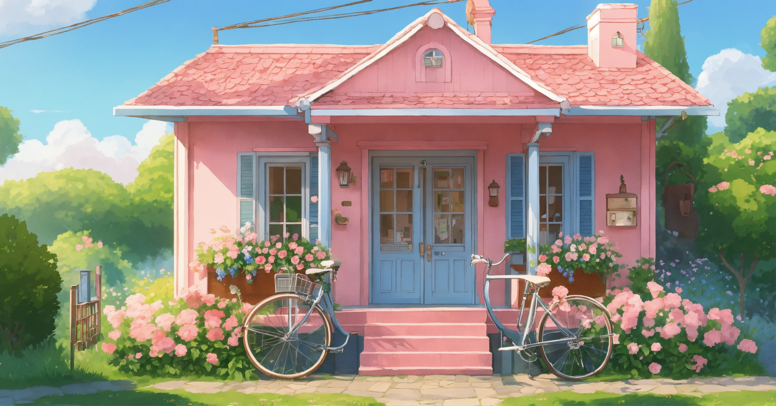 Lexica - Front view of the facade of a small light pink house in the ...