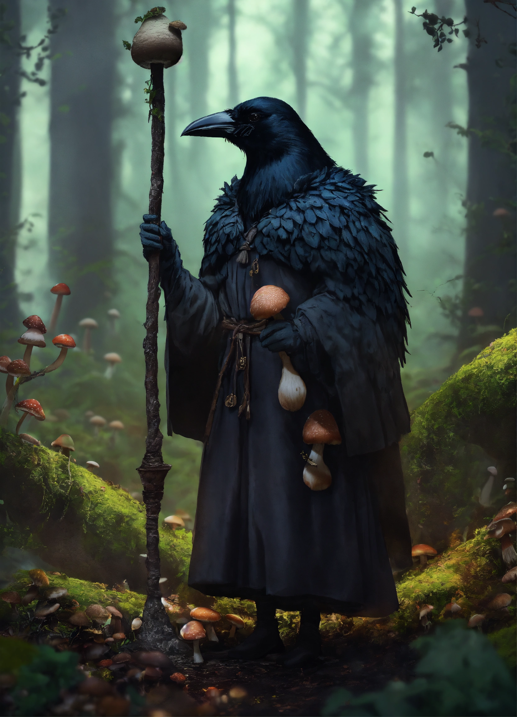 Lexica - Dark D&D Crow druid with a staff that curls at the end with ...