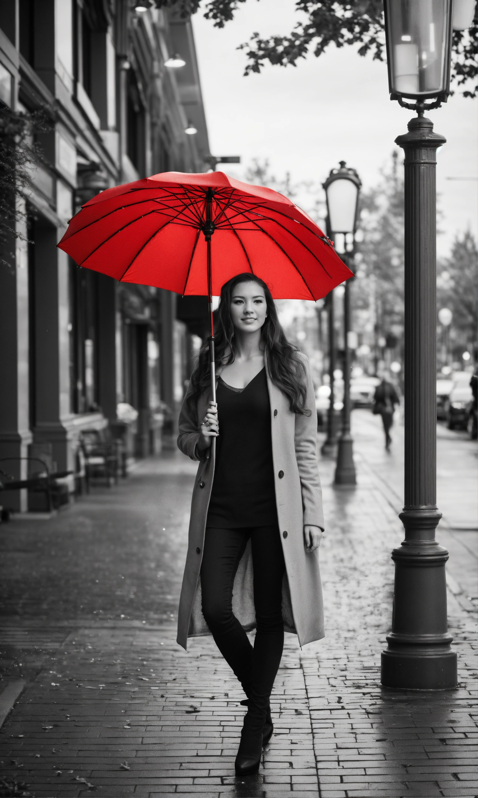 Lexica - A beautiful model, with a red umbrella candid photo, Downtown ...