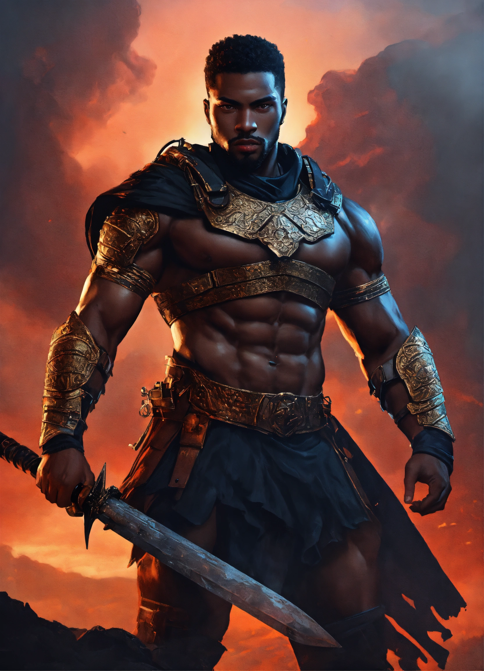 Lexica - Young strong handsome African god warrior, front facing in an ...