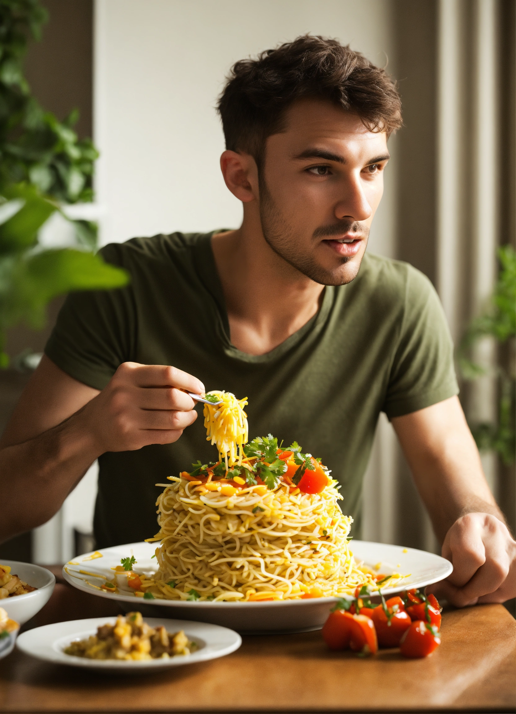 Lexica - A skinny man overindulging in food