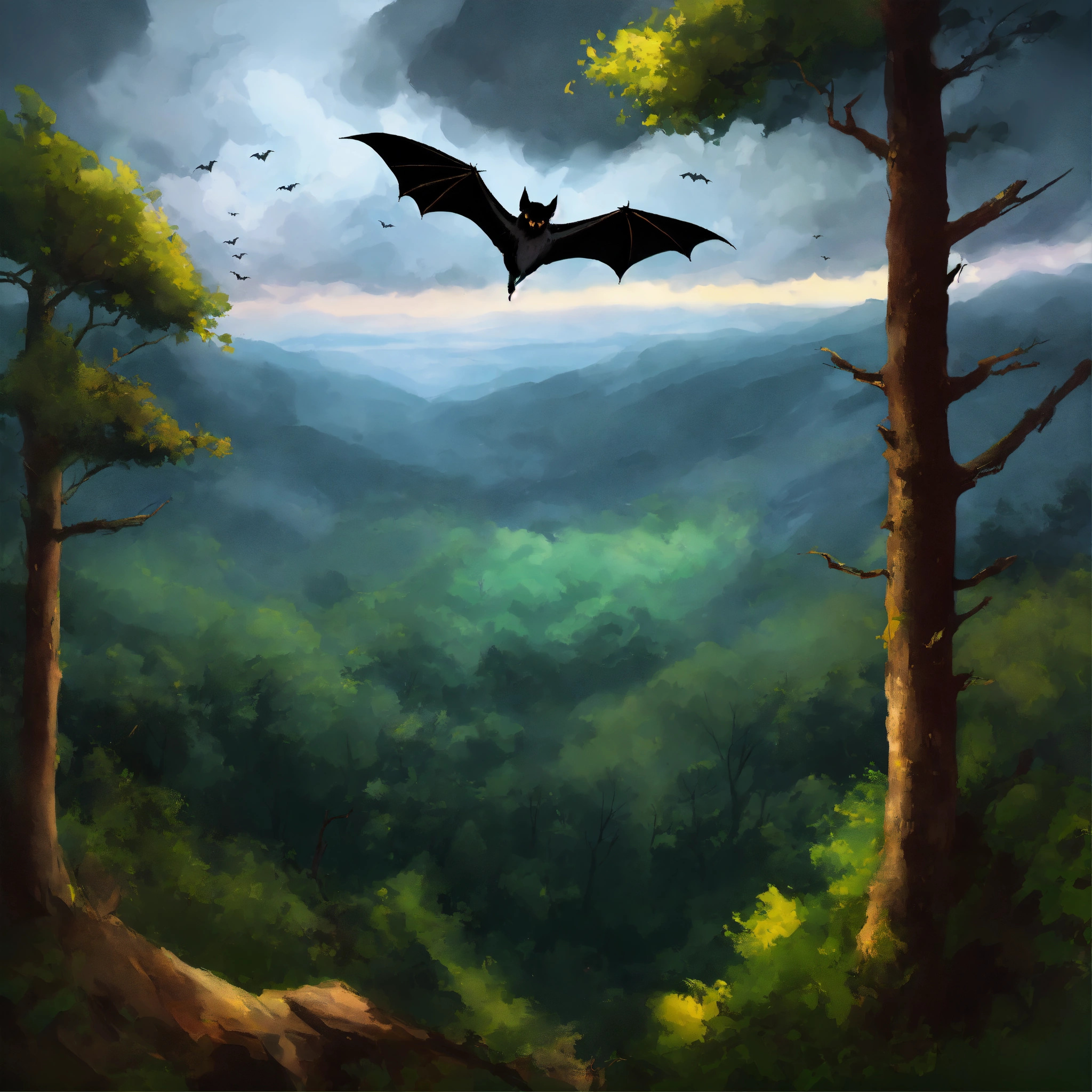 Lexica - View from the sky, stormy, cloudy, lone bat flying, forest ...