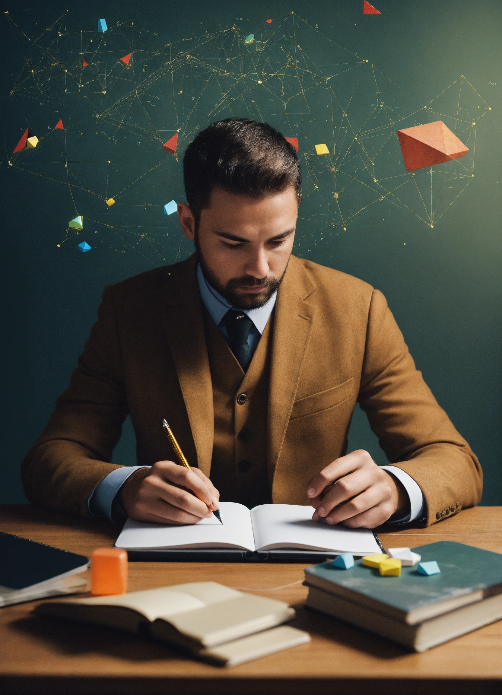 Lexica - Thoughts falling down into a man's head while he's sitting on a desk writing geometric ...