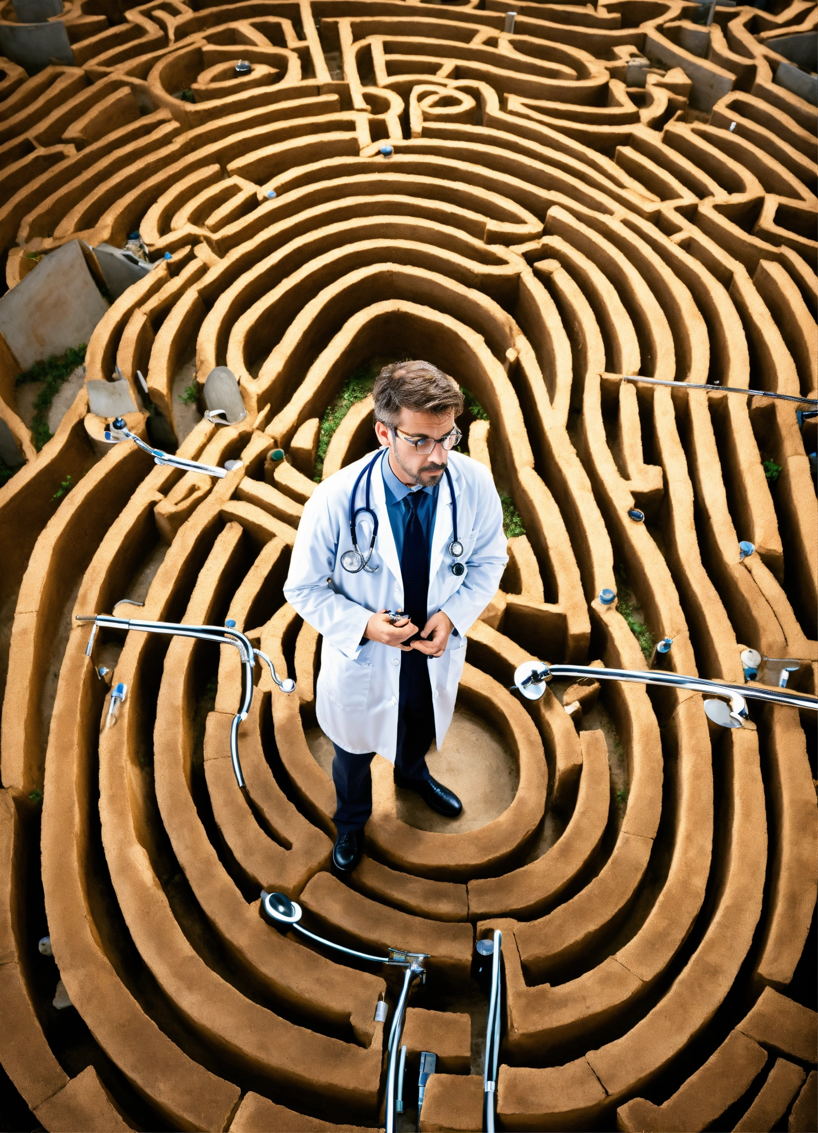 Lexica - A confused doctor in a labyrinth with a stethoscope.