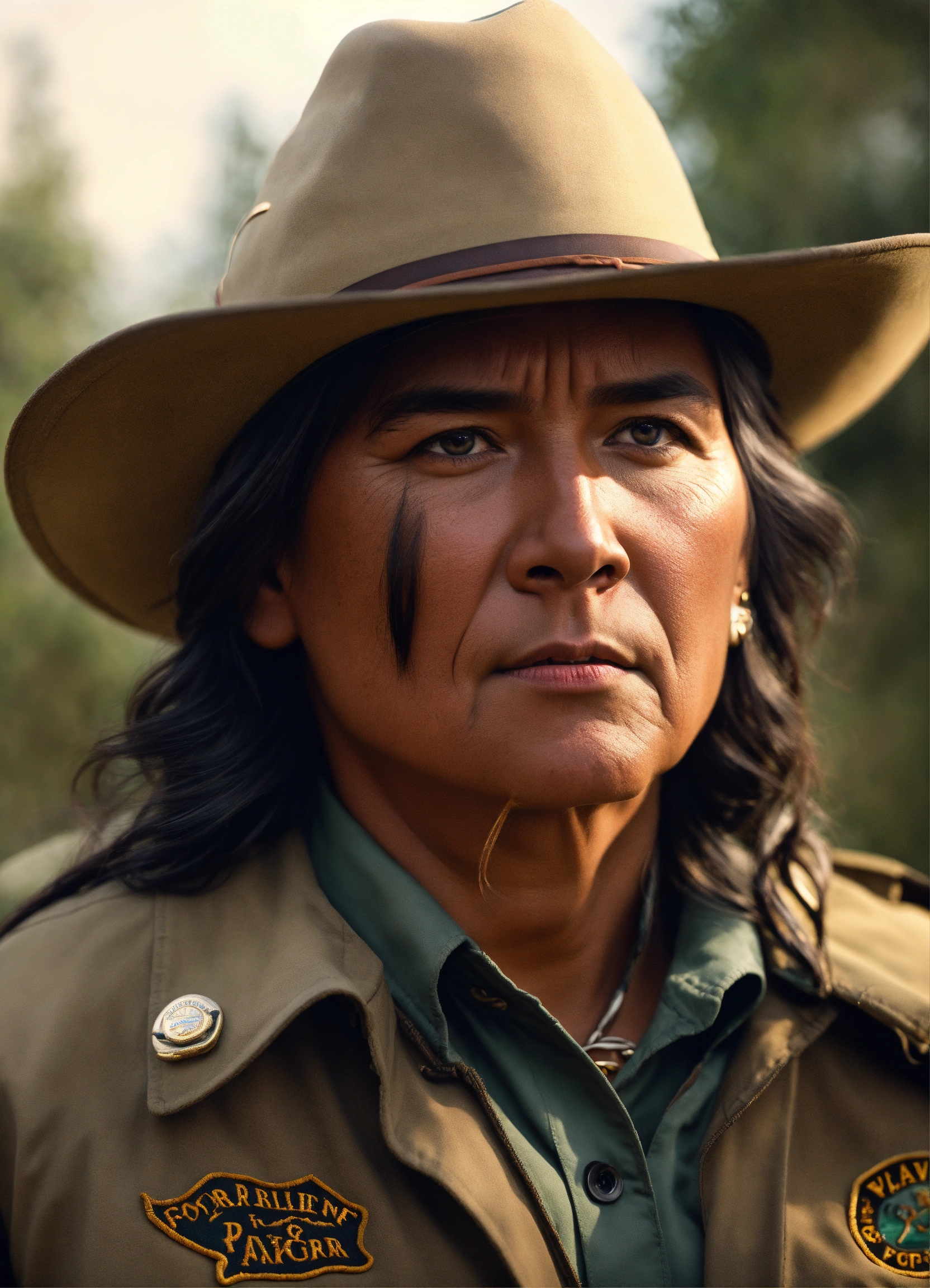 Lexica - Portrait of an native american park ranger scared, realistic ...