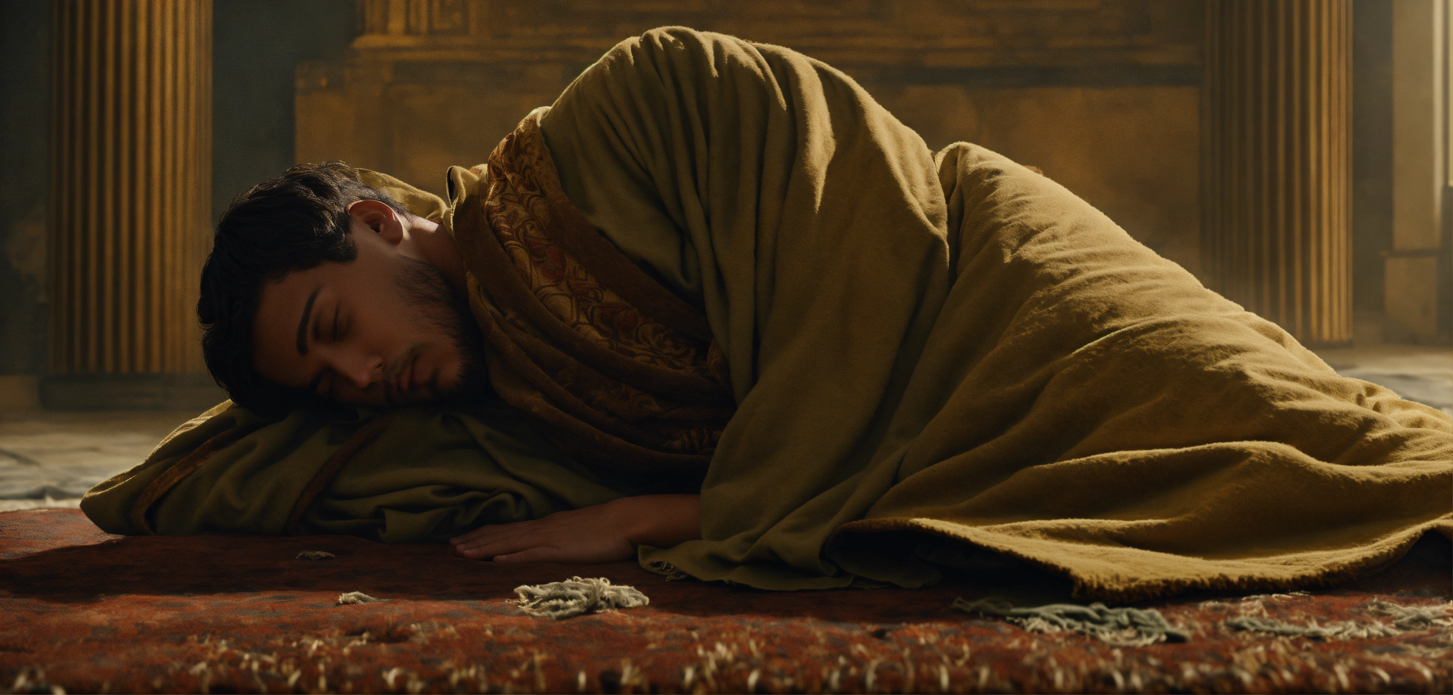 Lexica - A man in dirty robes, sleeping on his left side on a dirty mat ...