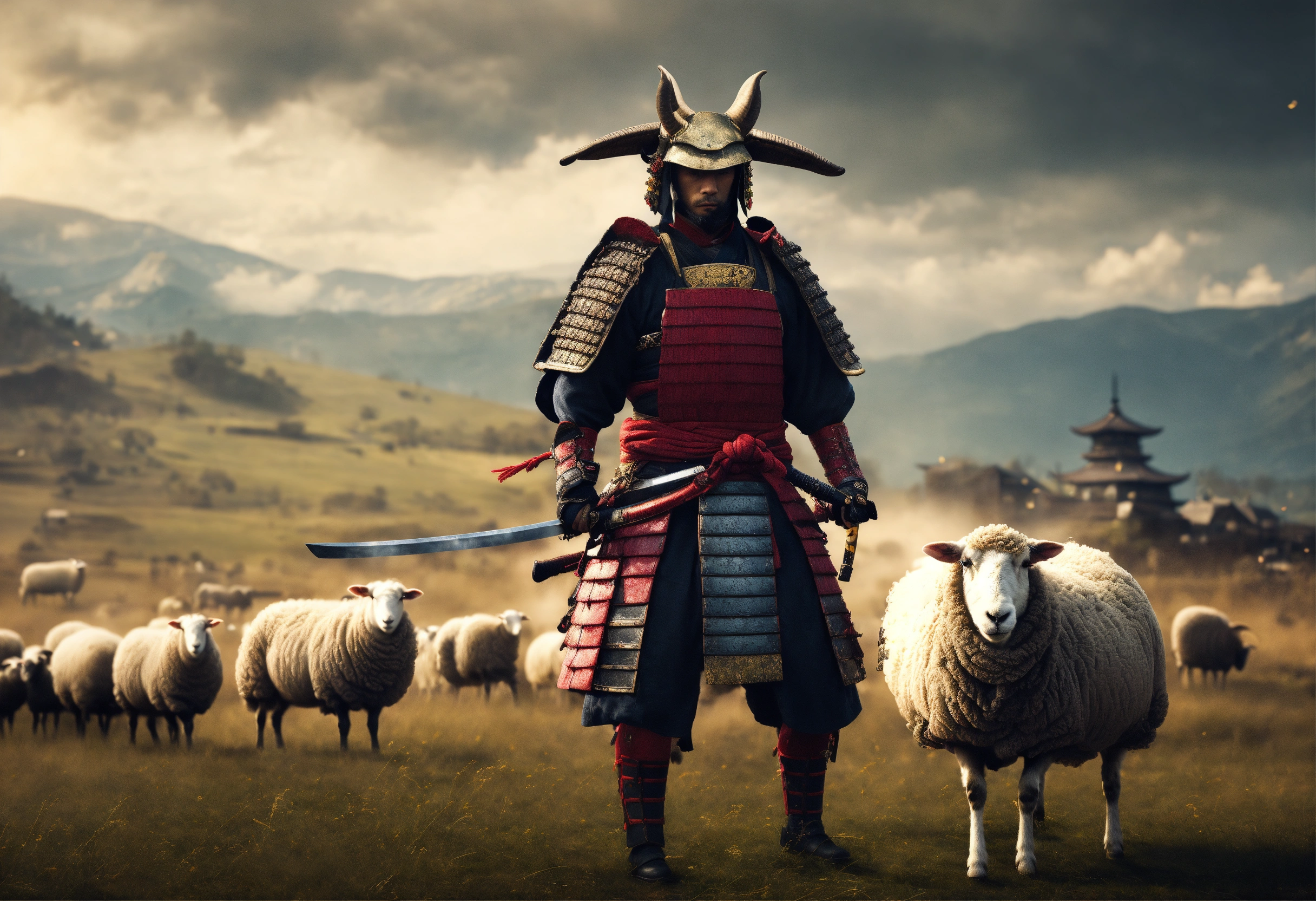 Lexica - Sheep samurai. Battlefield. Hyper realistic.