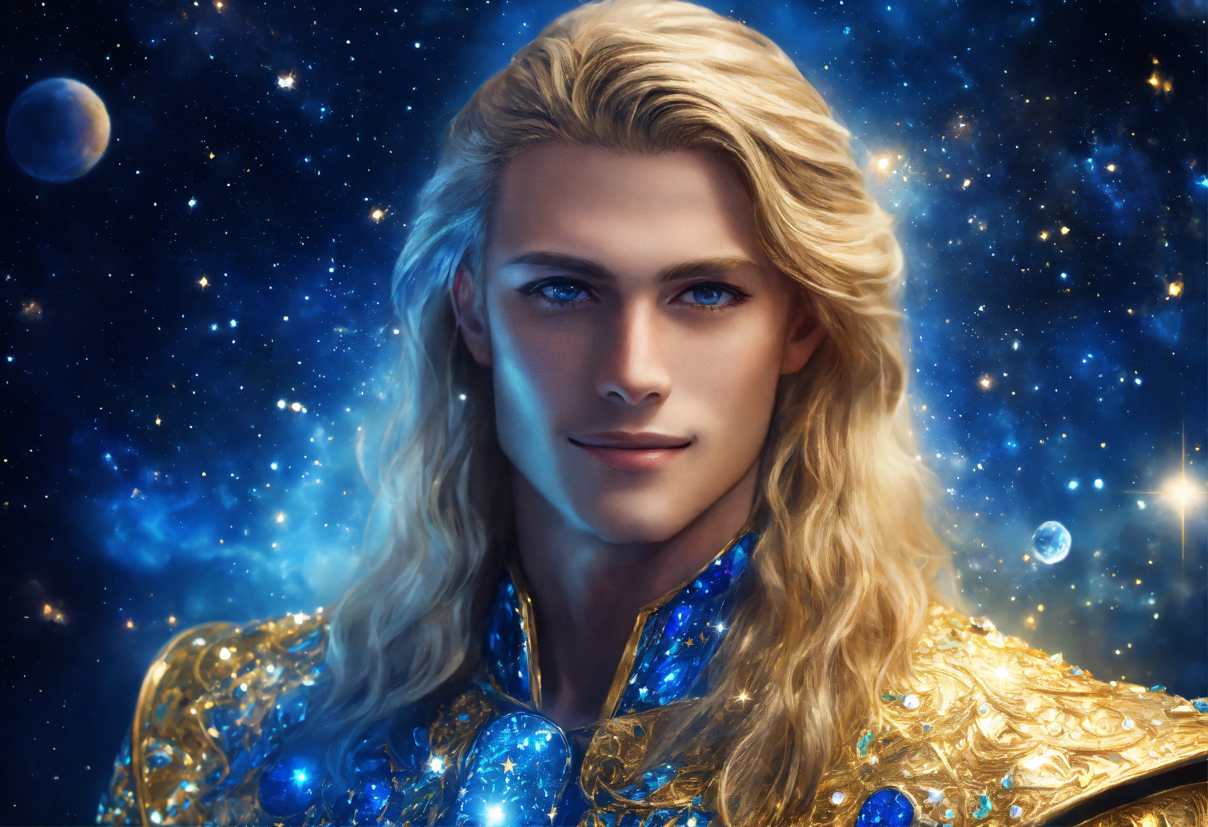 Lexica - Beautiful faces cosmic men long blond hair, smiling, blue and ...