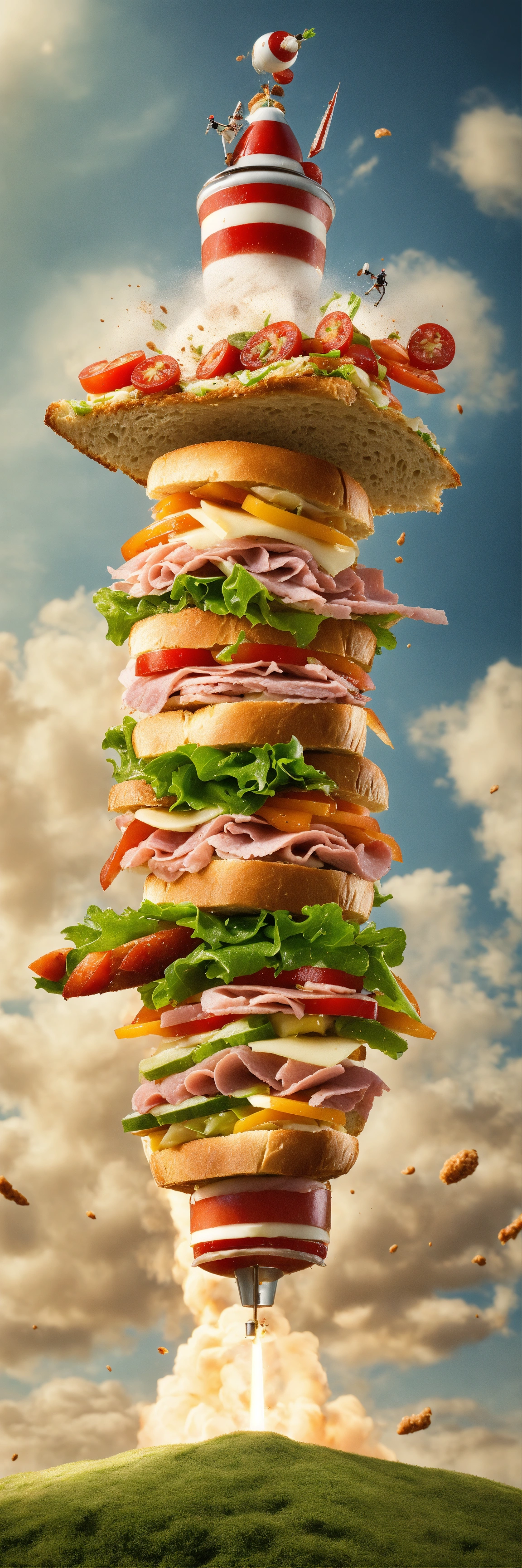 Lexica - Very tall sandwich taking off like a rocket, rocket explosion ...