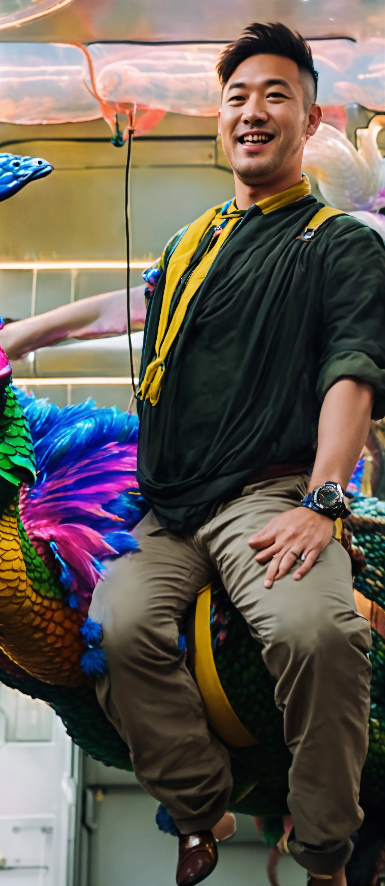 Lexica - This man riding a flamingo dragon in space, high contrast ...