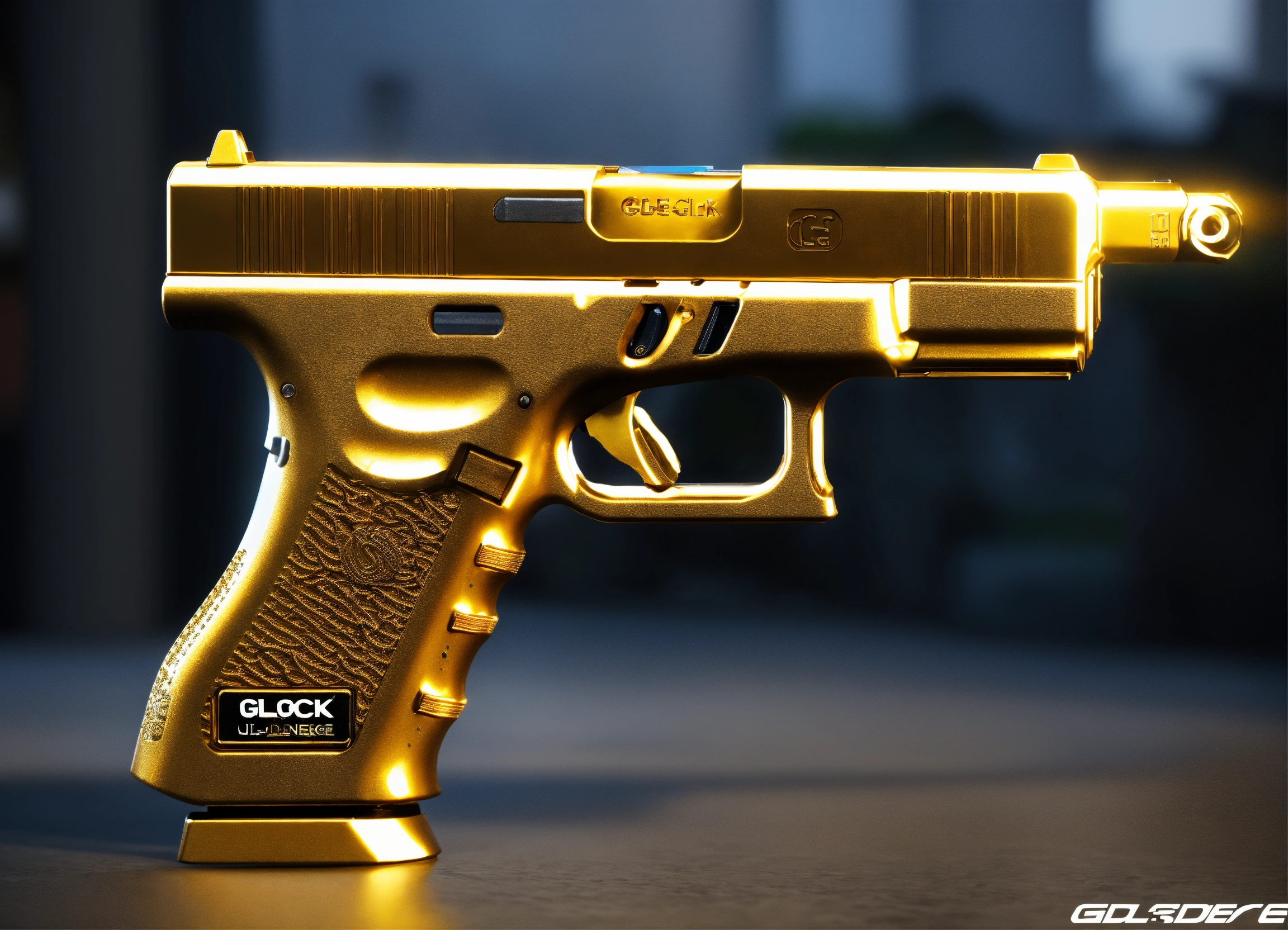 Lexica - (SIDE-VIEW) golden, glock, intricate, 128K, UNREAL ENGINE