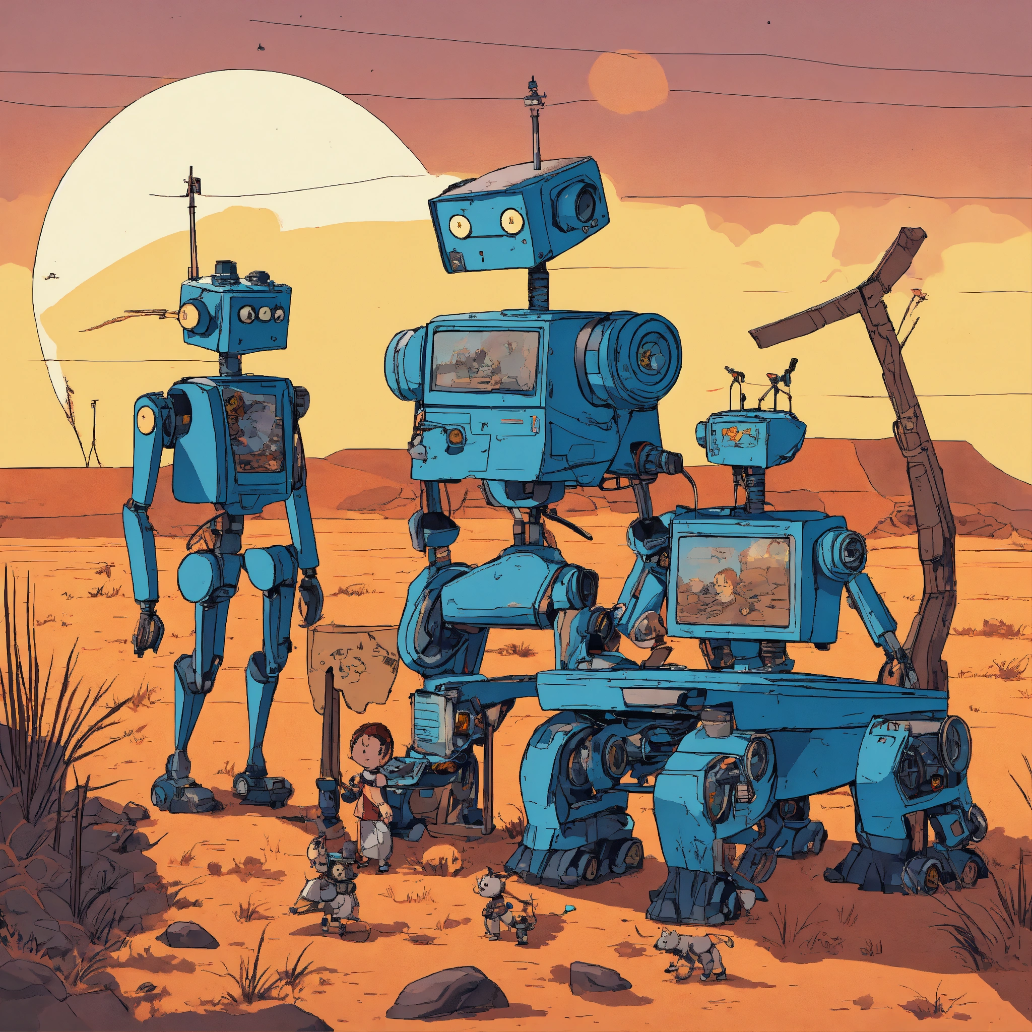 Lexica - Generate a satirical cartoon poster showing a family of robots ...