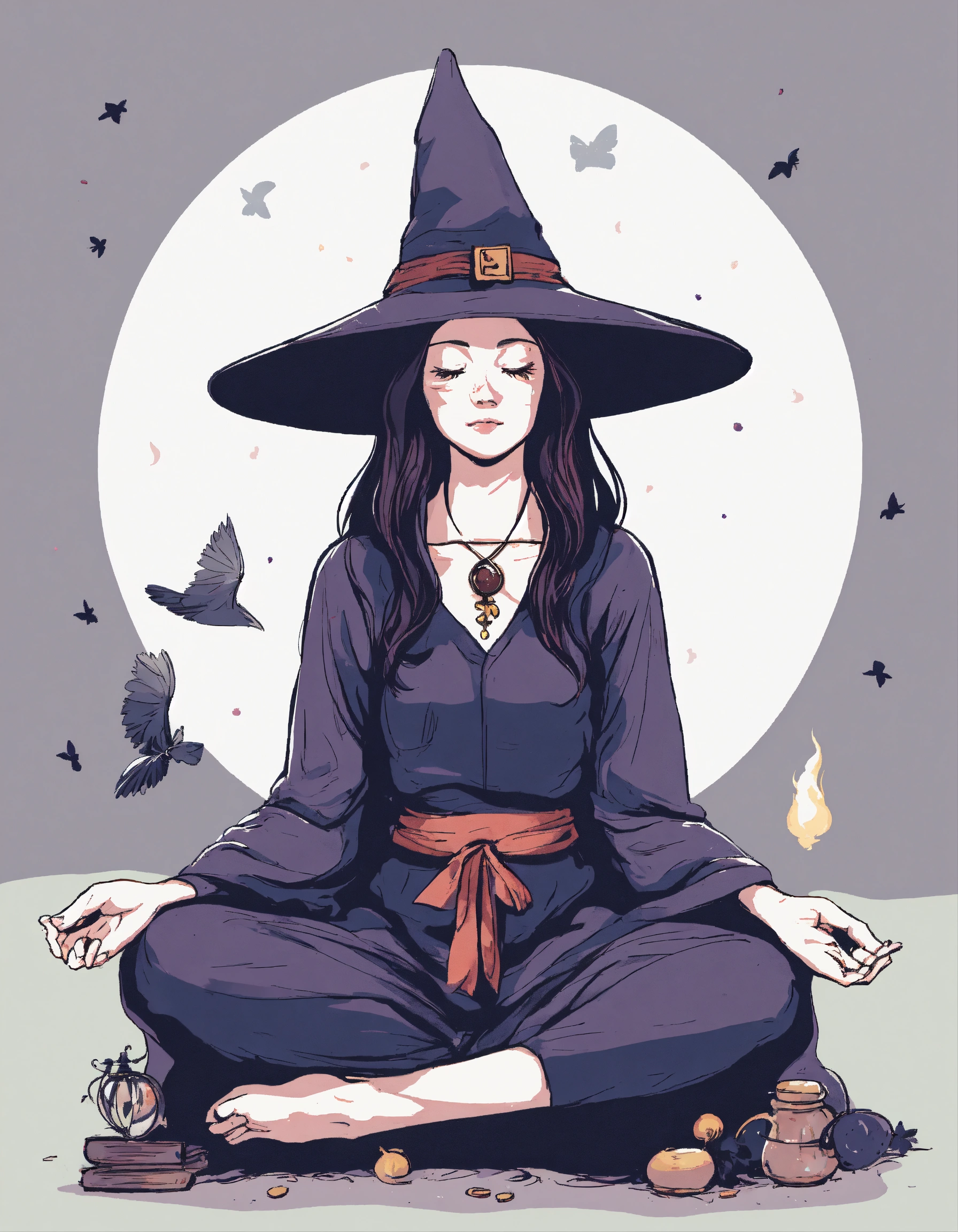 Lexica - Illustration of a witch student Meditating, plain white background