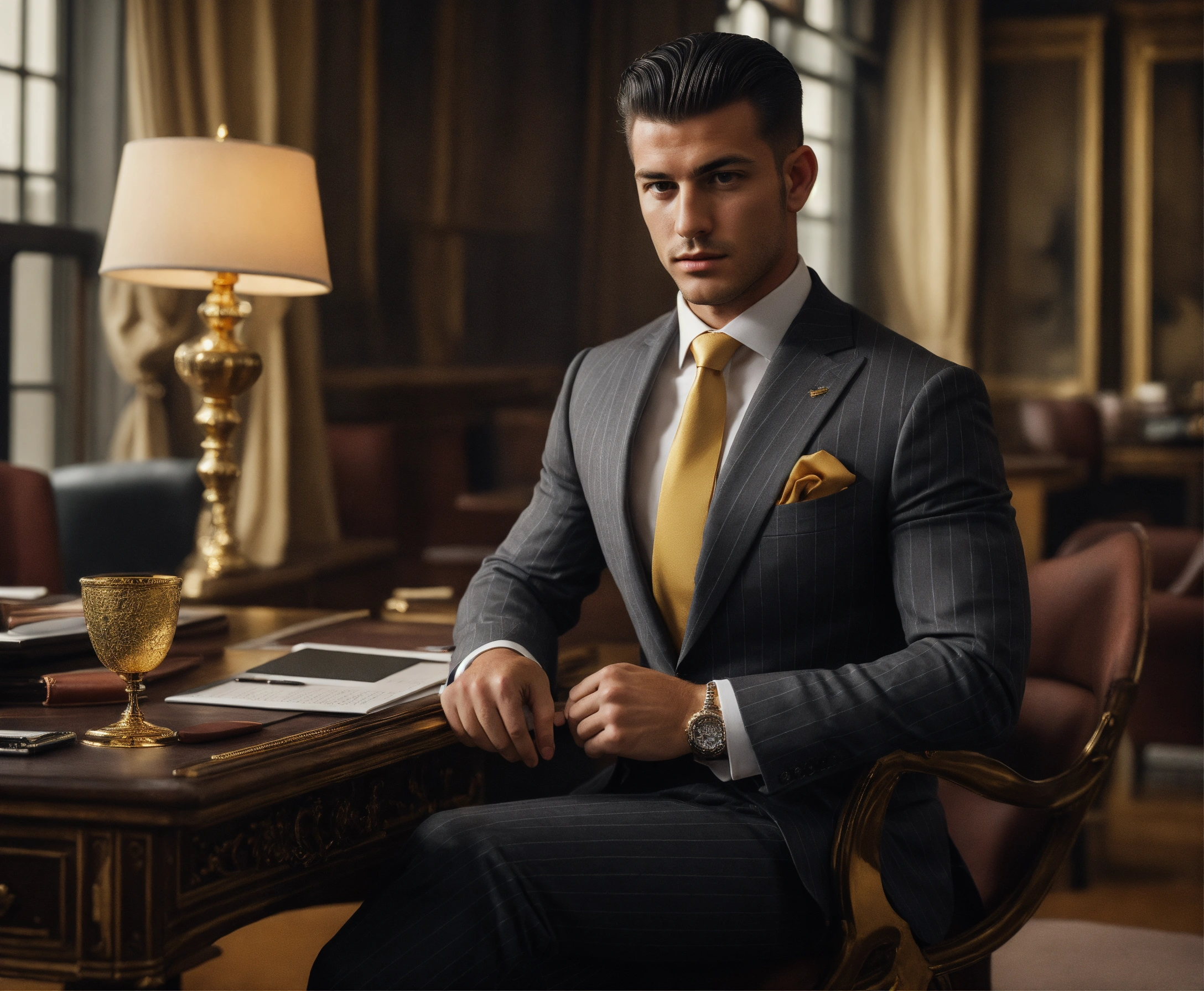 Lexica - A young Italian muscled gentleman in dark grey pinstripe suit ...