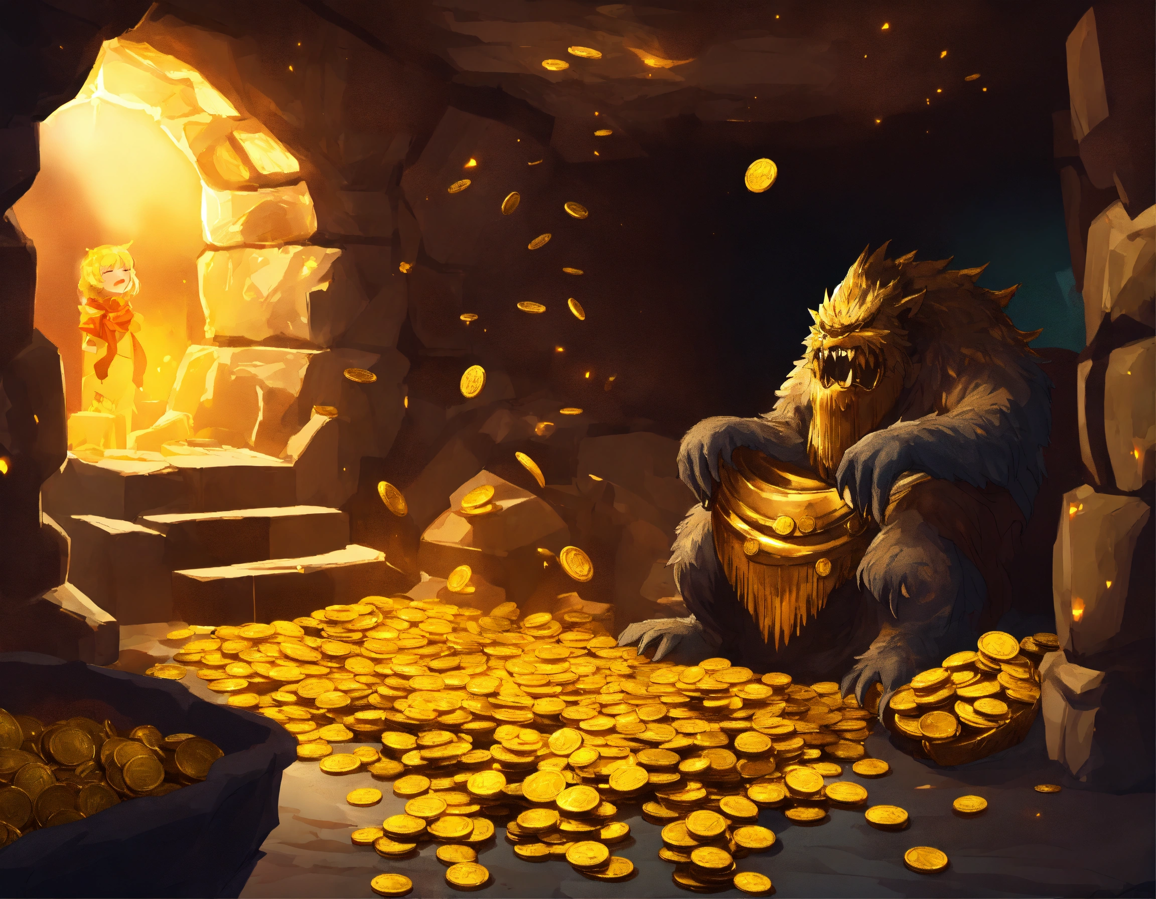 Lexica - Dark cave room full of golden coin piled up, sleeping monster ...
