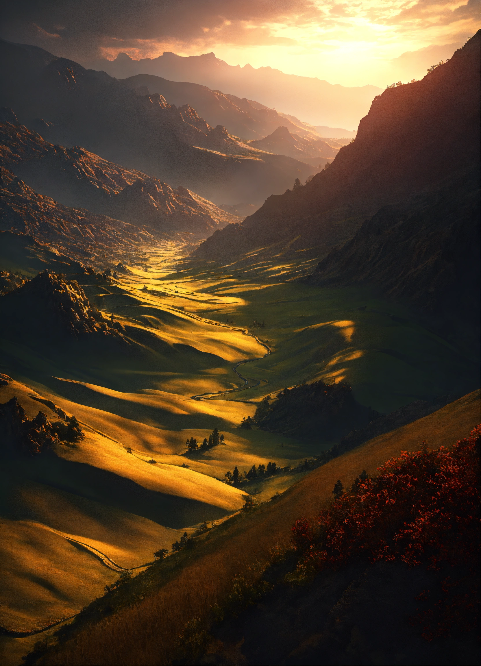 Lexica - A fantasy landscape of a shadows cascading over a hillside as ...