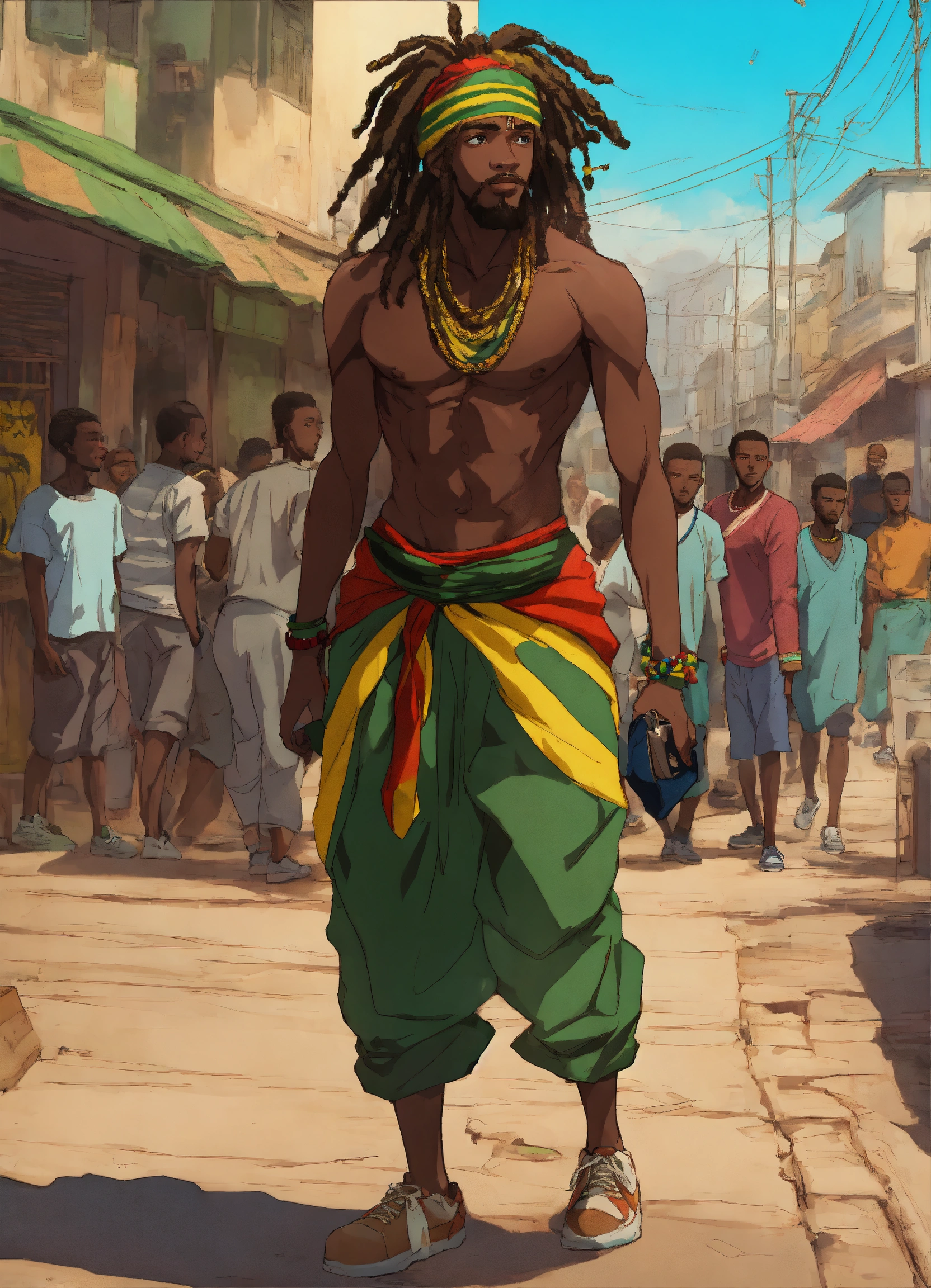 Lexica - A rasta man workout, push ups in an African town center, old ...