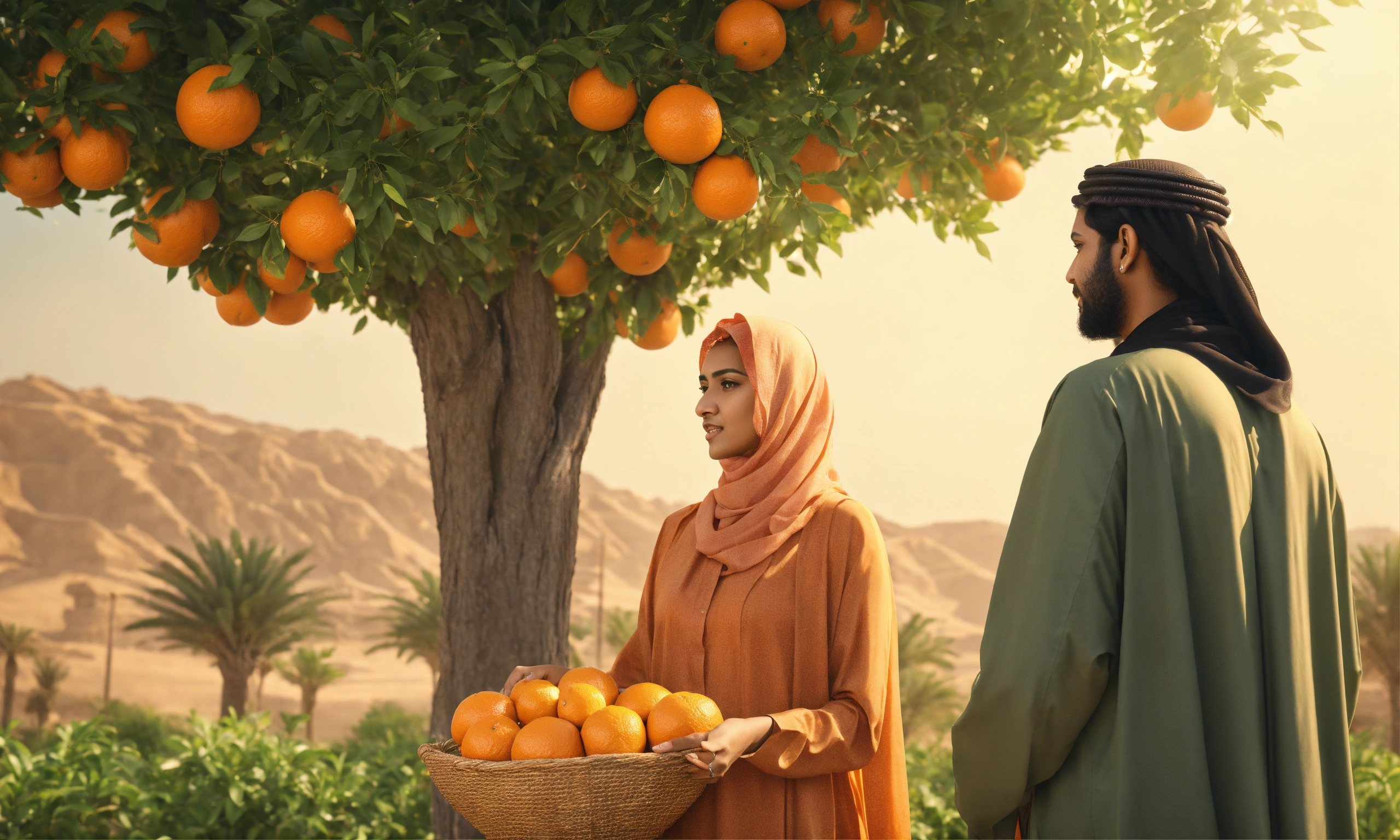 Lexica - Close up of Saudi woman and Saudi man collecting orange from ...