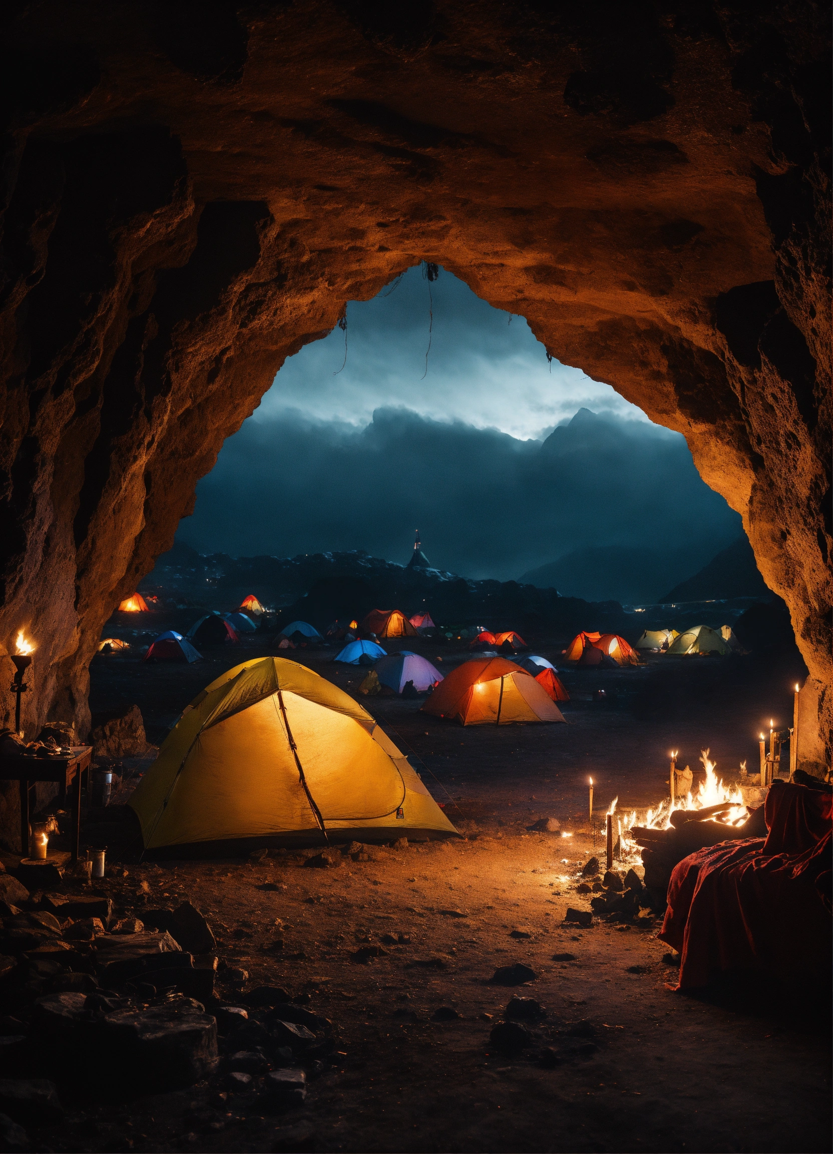 Lexica - A refugee camp is completely inside a dark cave. There are ...