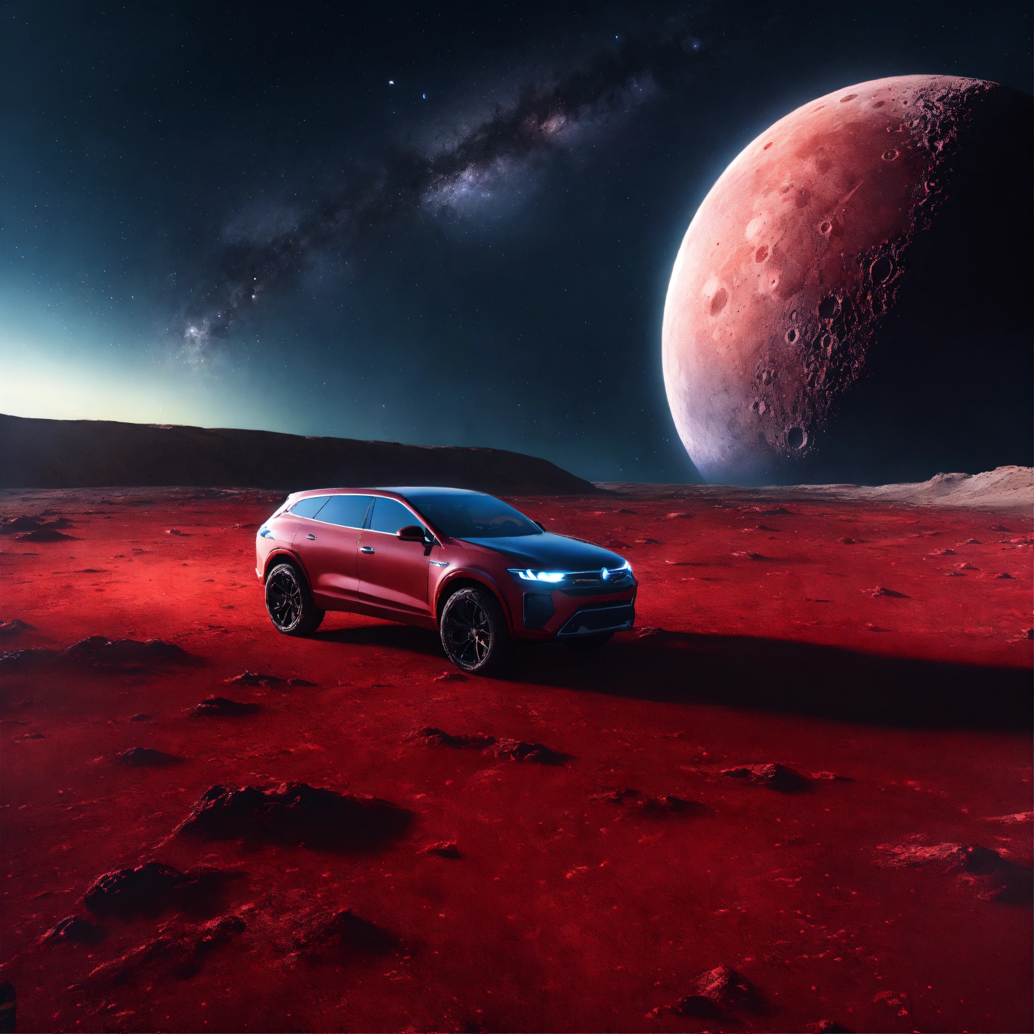 Lexica - A dark red auto traveling on the surface of the moon, moon ...