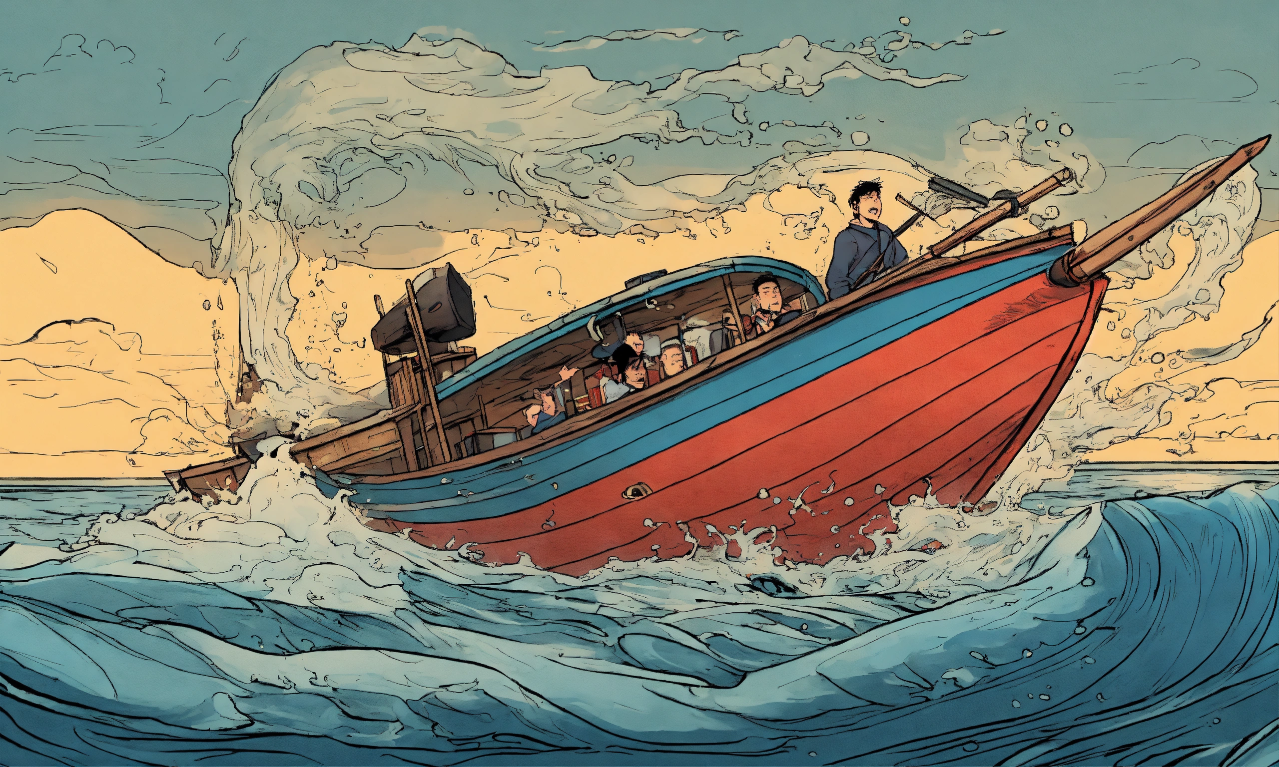 Lexica - Draw me a picture in the form of a comic book of a boat with ...