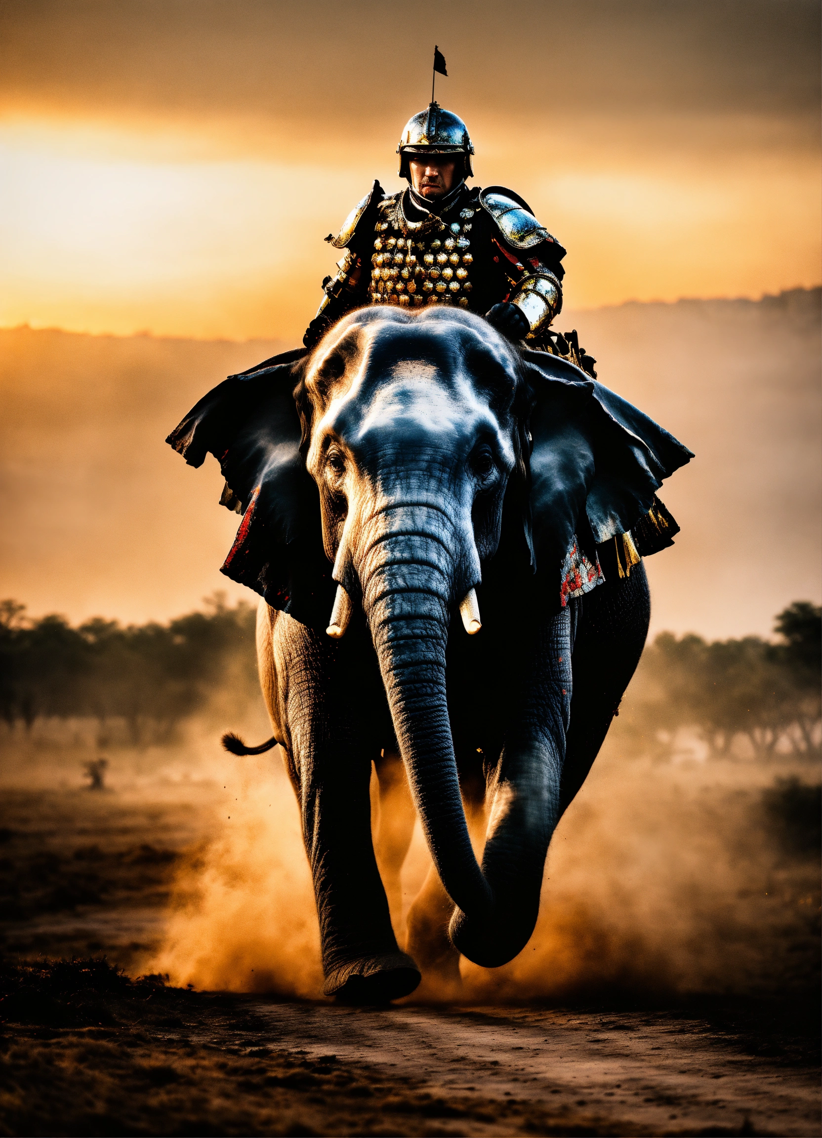 Lexica - A combat elephant wearing armor, crossing a battlefield. Bradd ...