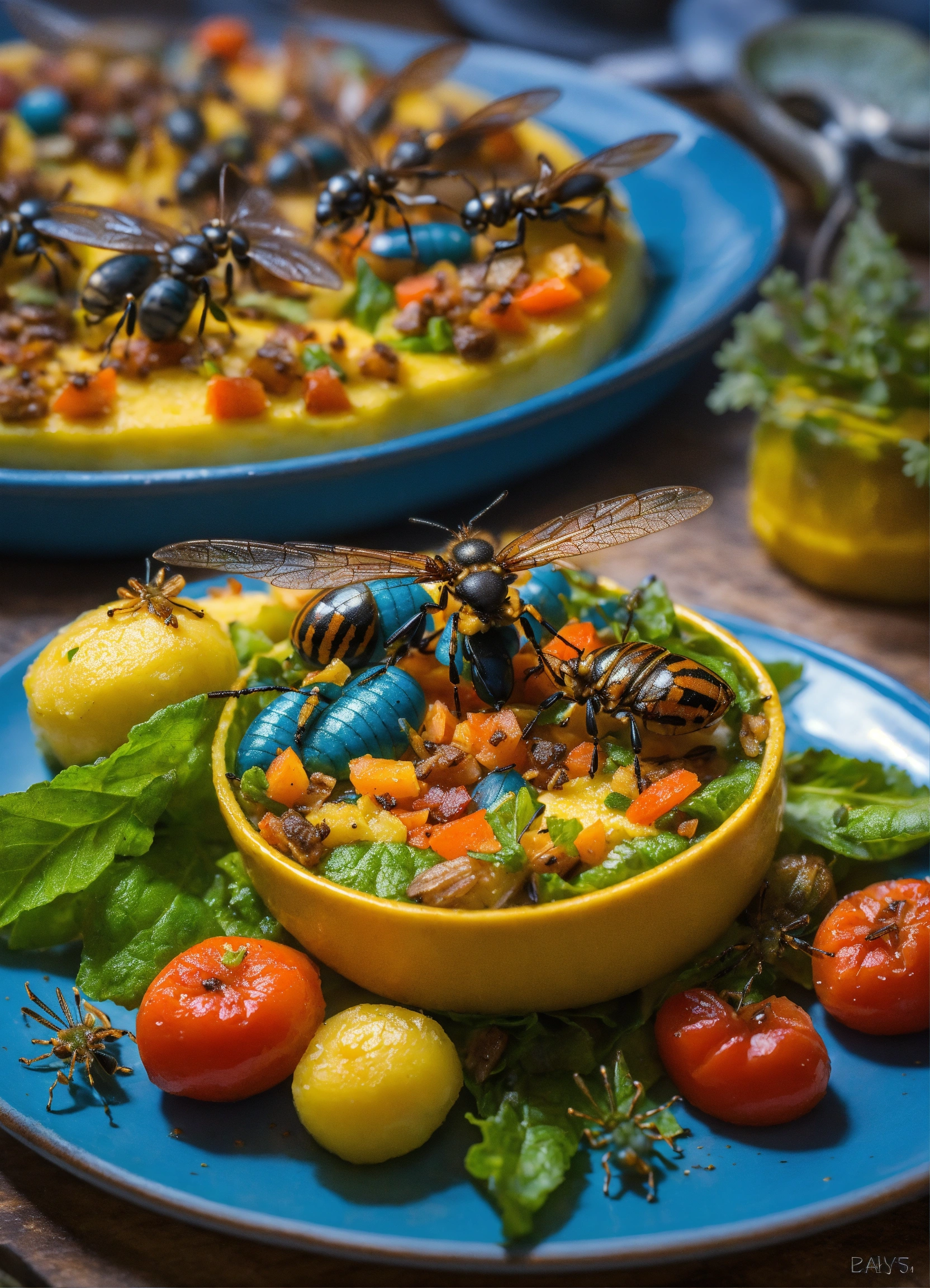 Lexica - Superrealist style, cooking insects on a plate, vivid colors, day