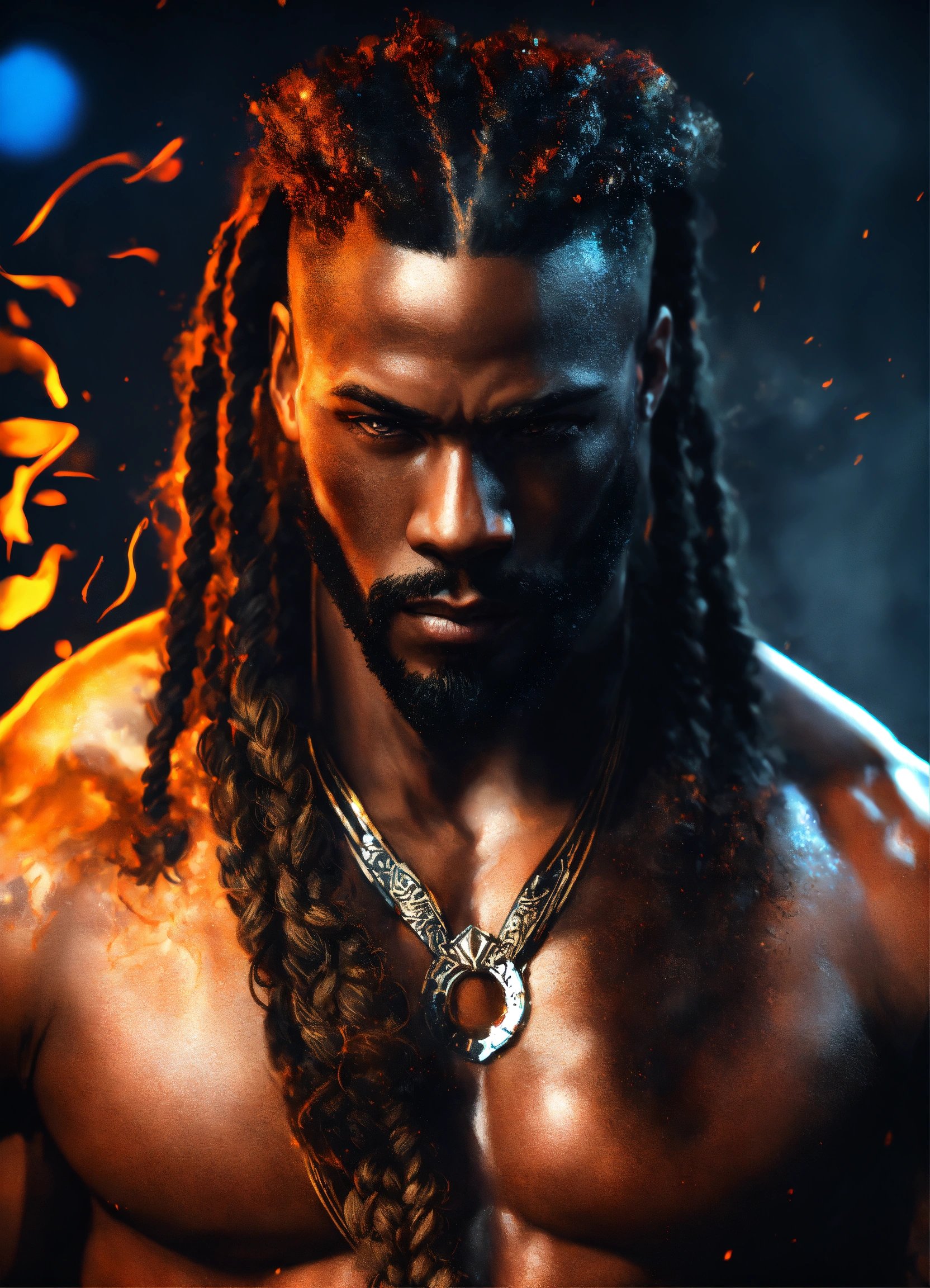 Lexica - "legendary fire god", handsome black man, muscular, long ...