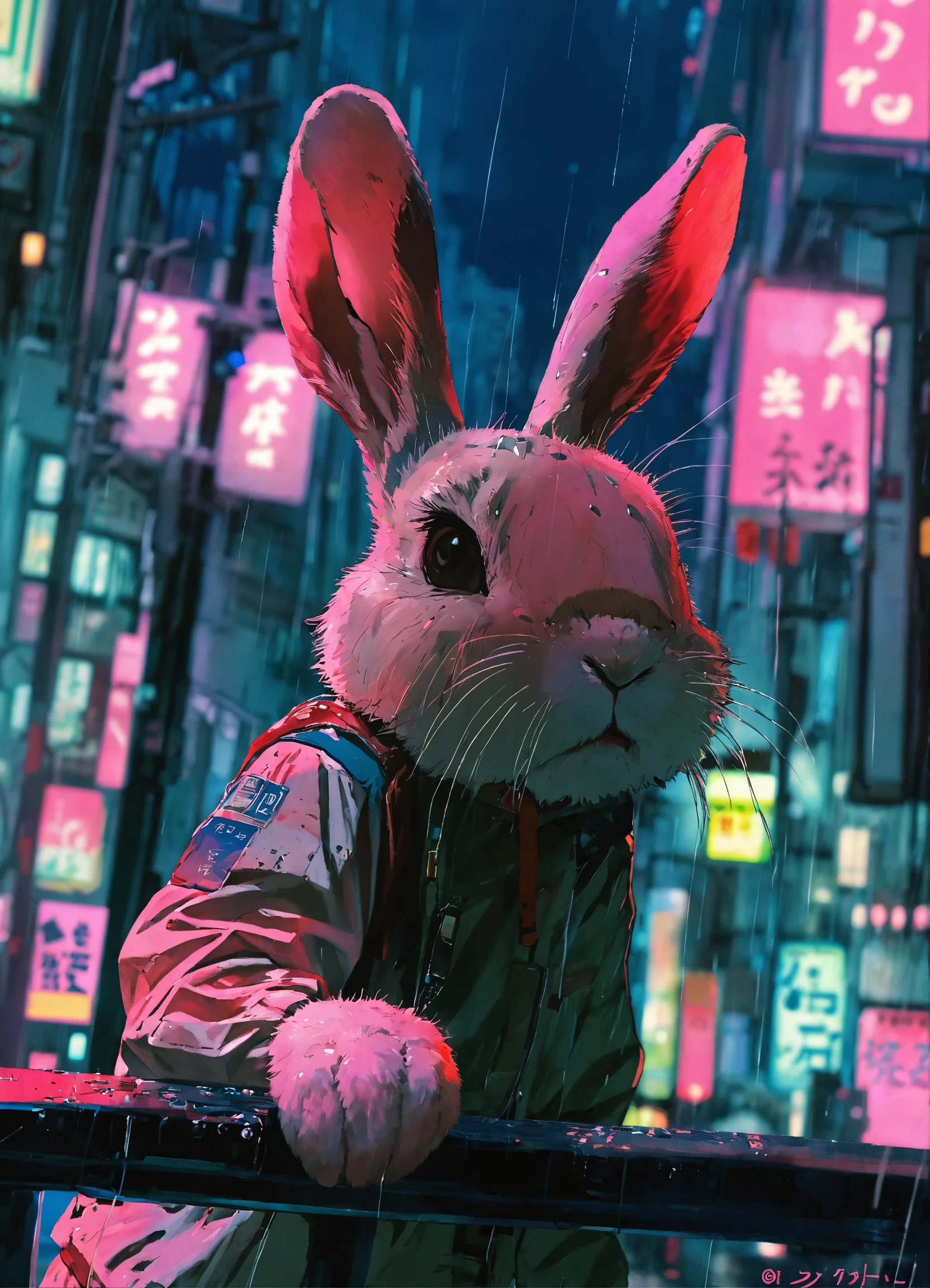 Lexica - Cyberpunk anime ghibli rabbit art in rainy city tokyo night