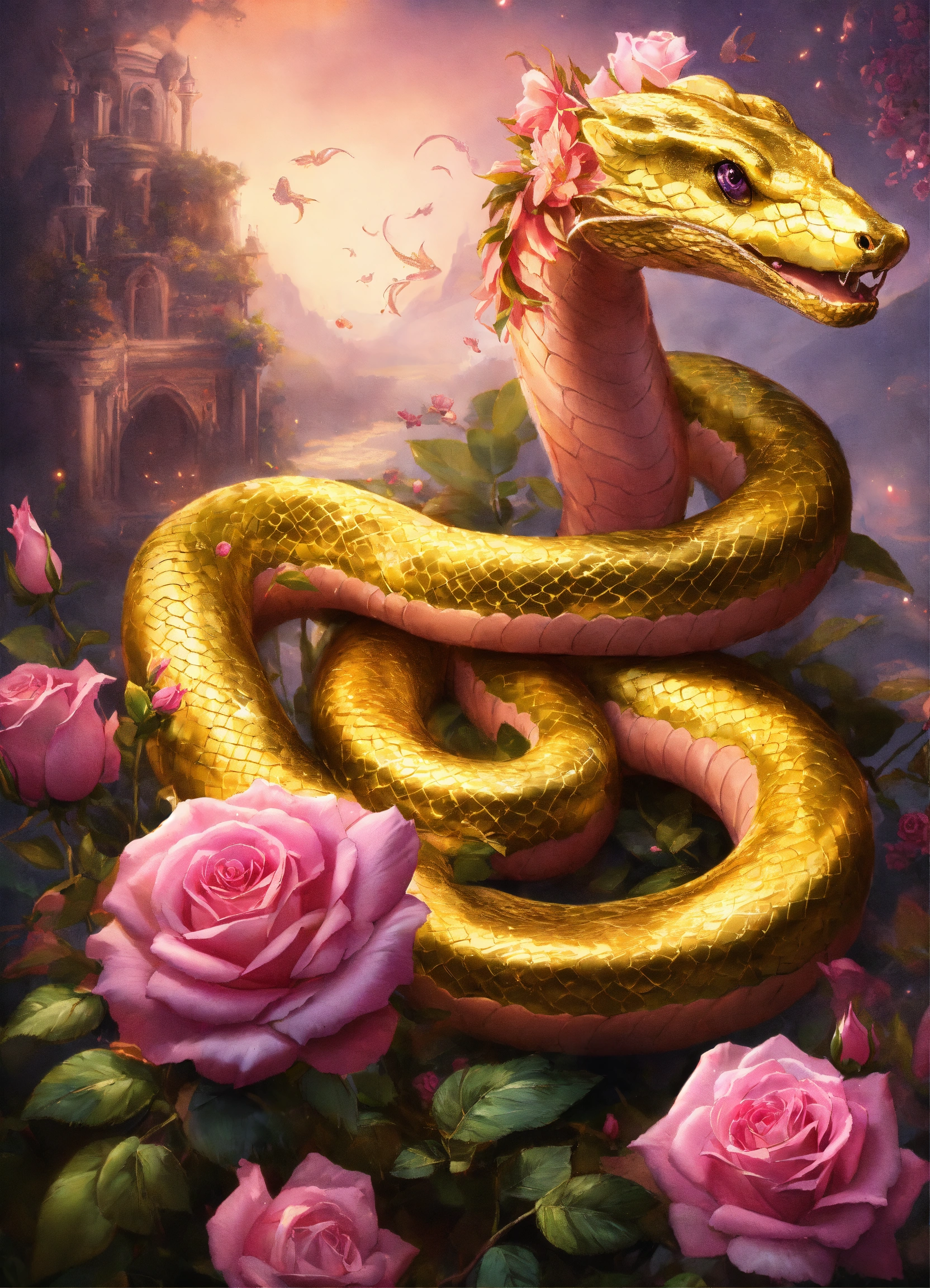 Lexica - Fairy tale large magic gold and purple snake pink roses ...