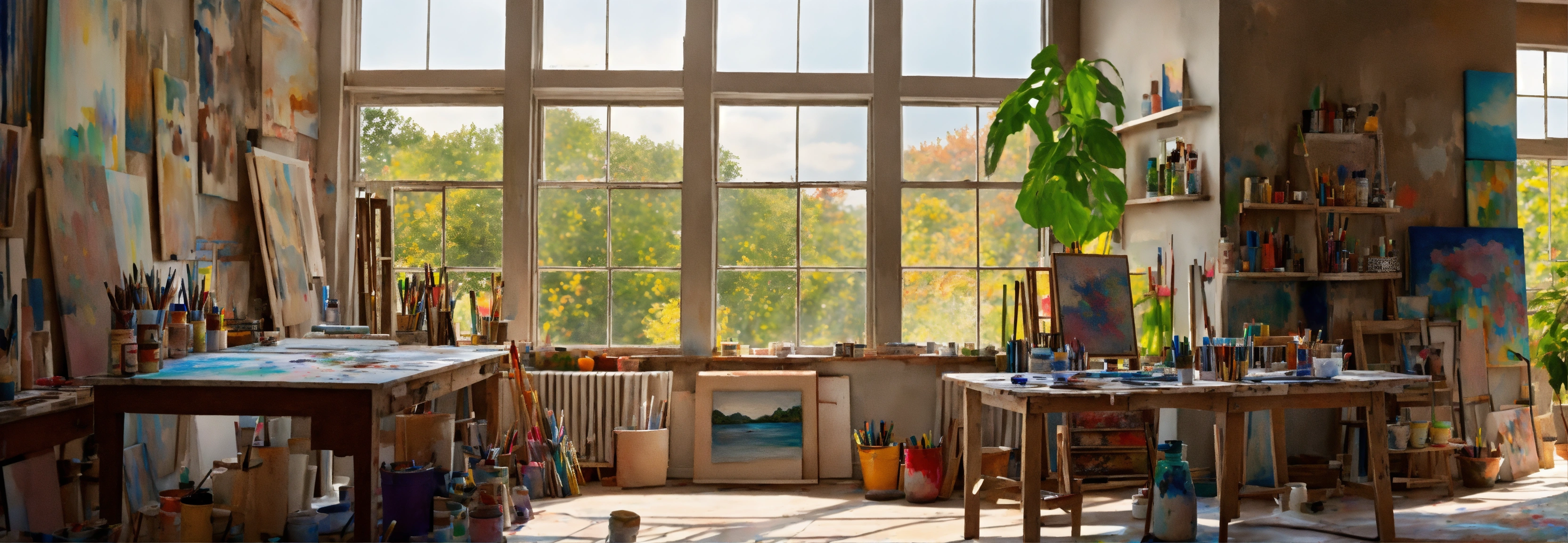 Lexica - Concept art of an art studio, paintings on a canvas, stacked ...