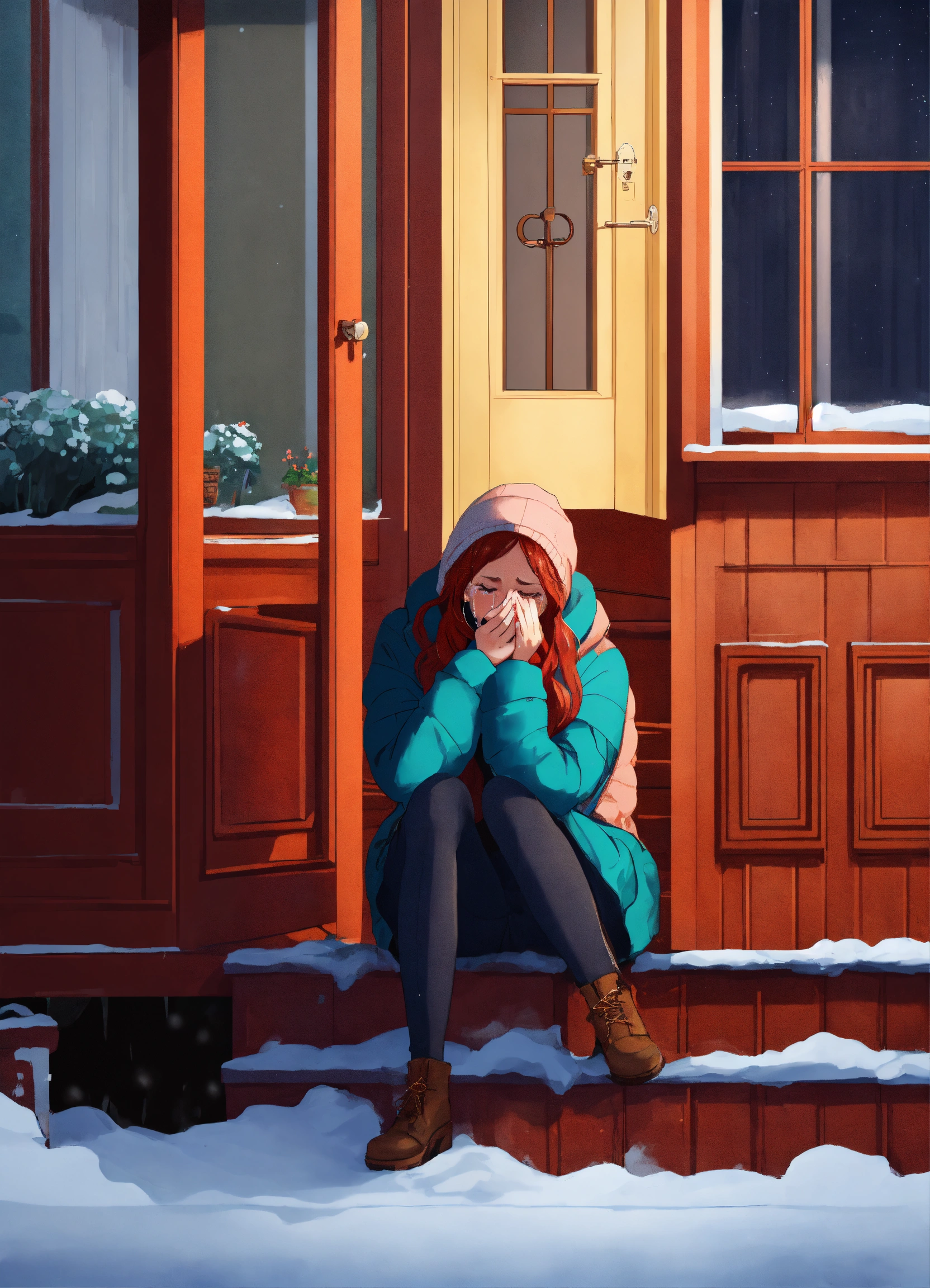 Lexica - A woman is sitting on the doorstep of a house outside in the ...