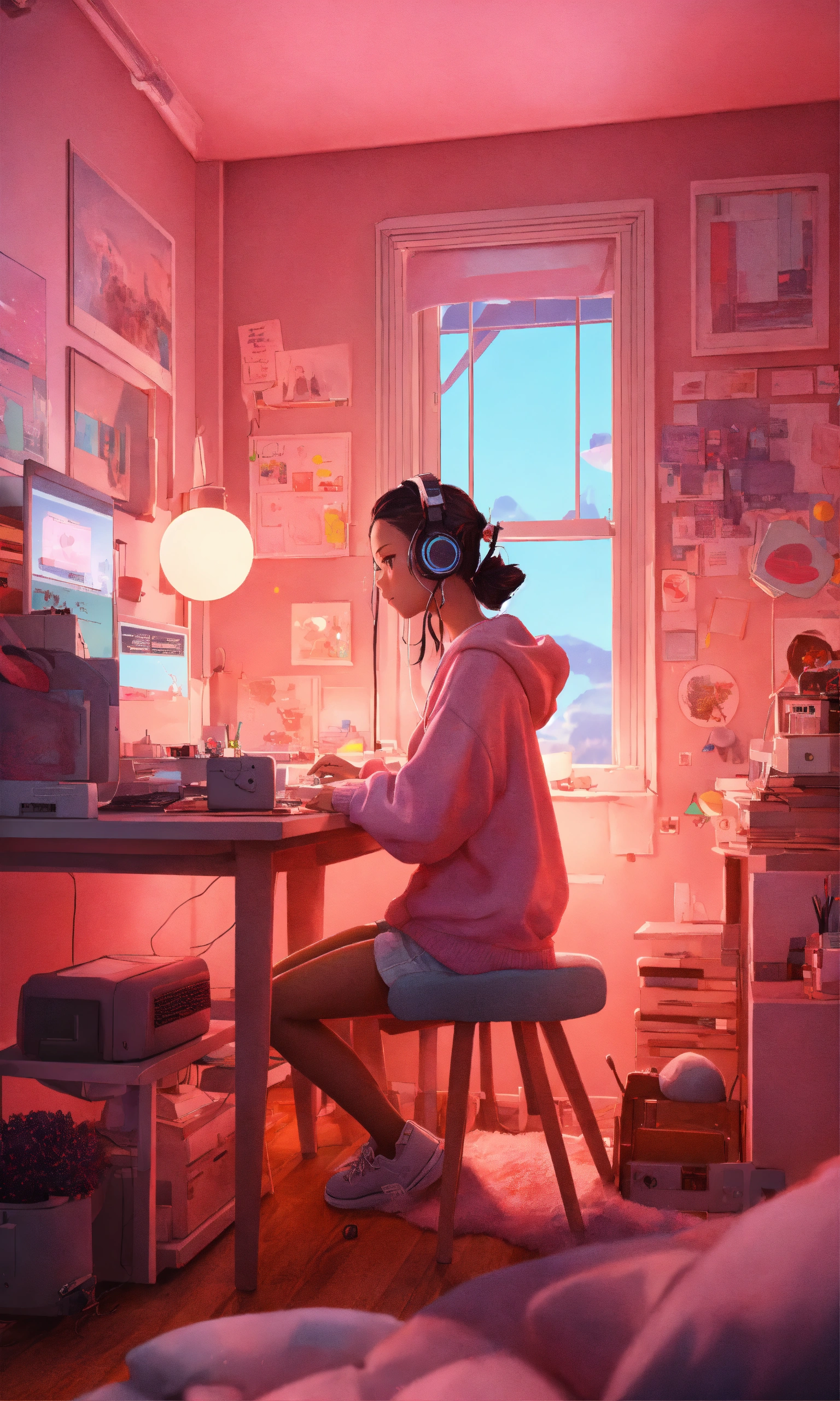 Lexica - Cute lofi girl in front of his computer in her cozy and messy ...