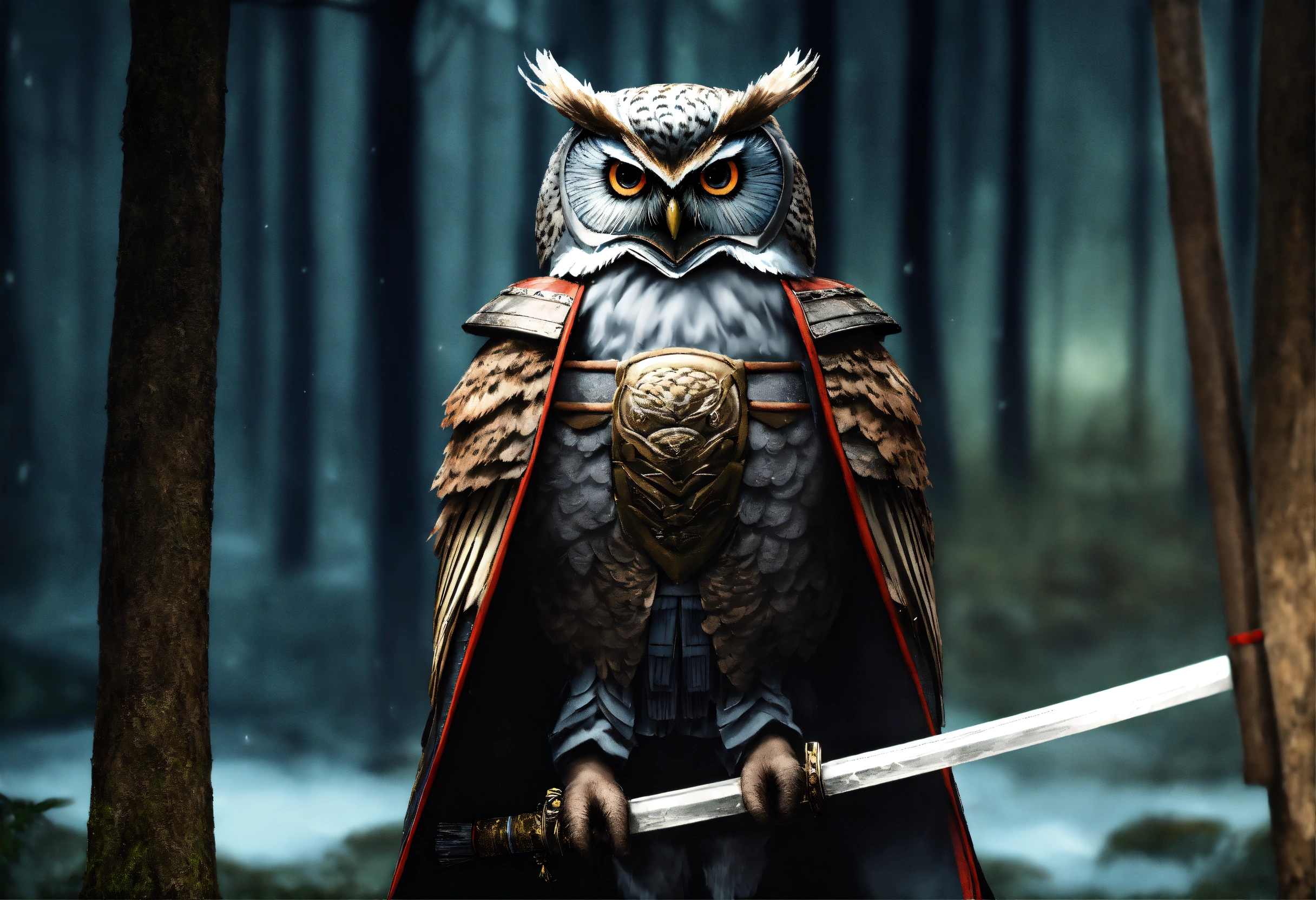 Lexica - Owl samurai with arms. Haunted forest. Hyper realistic.