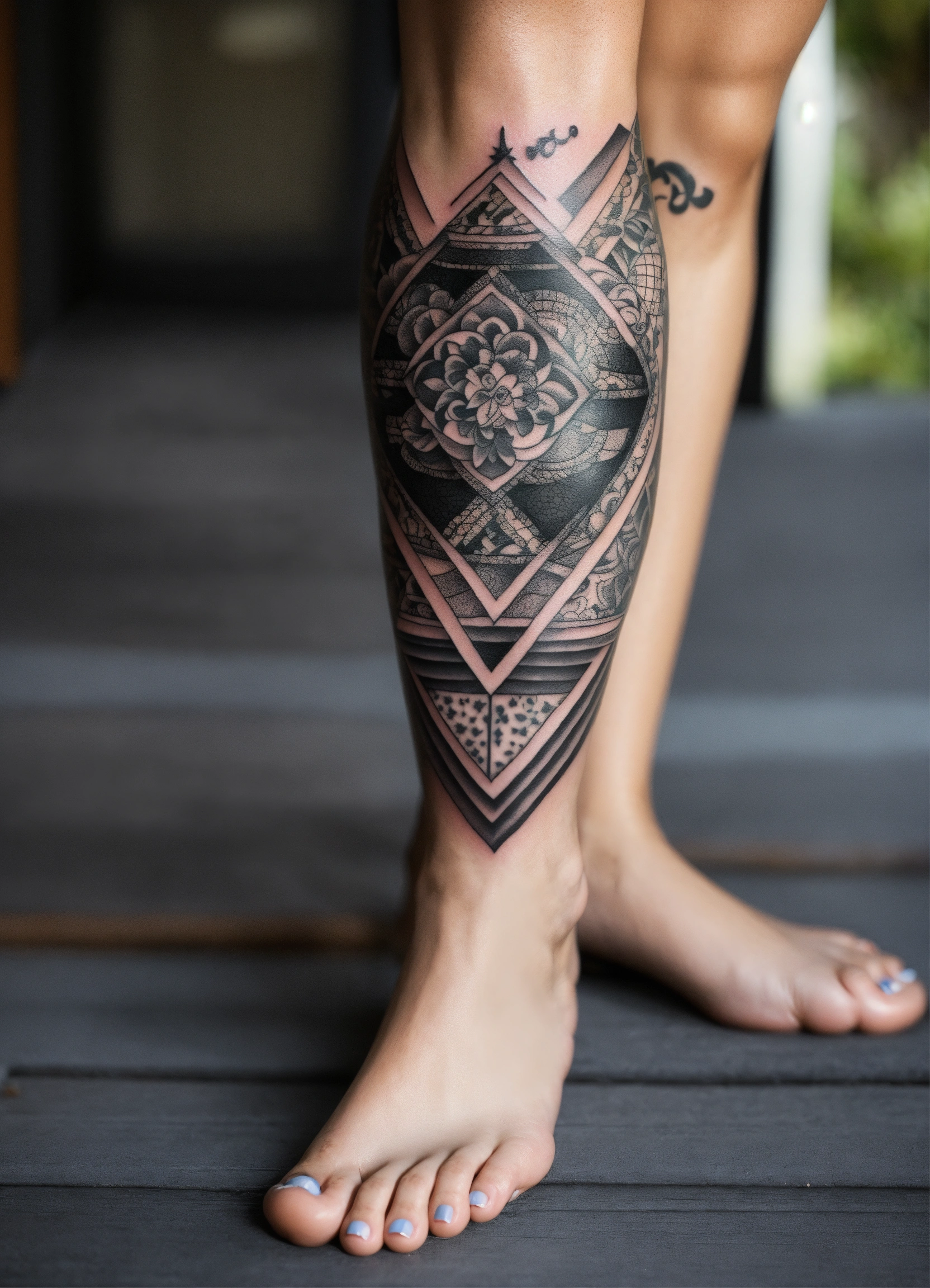 Lexica - Black grey geometric leg tattoo