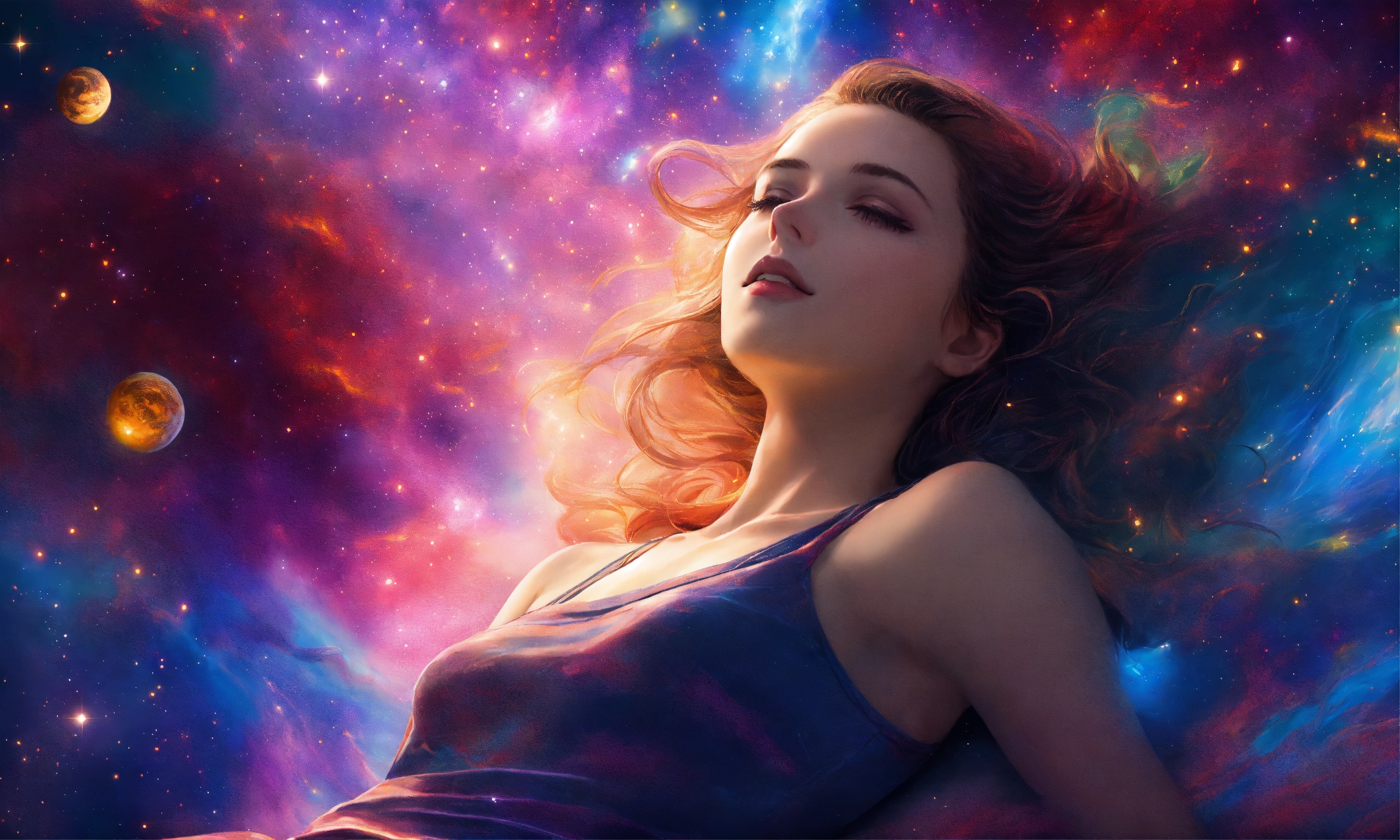 Lexica - A beautiful girl lying on back in a mesmerizing vast universe ...