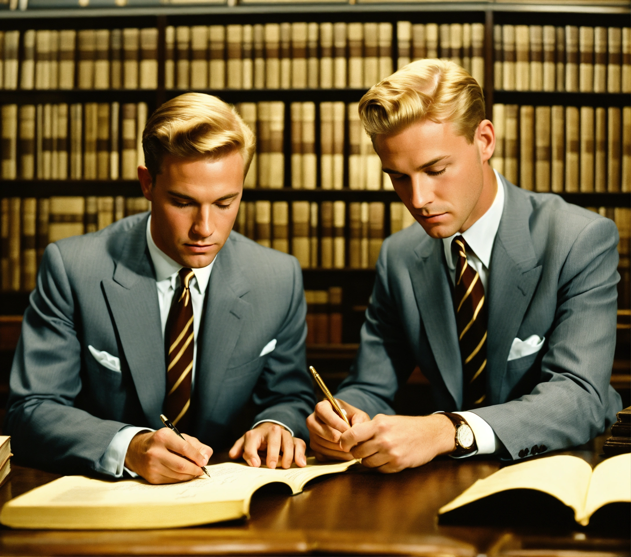 Lexica - Two blonde lawyers in grey vested suit, golden striped tie ...