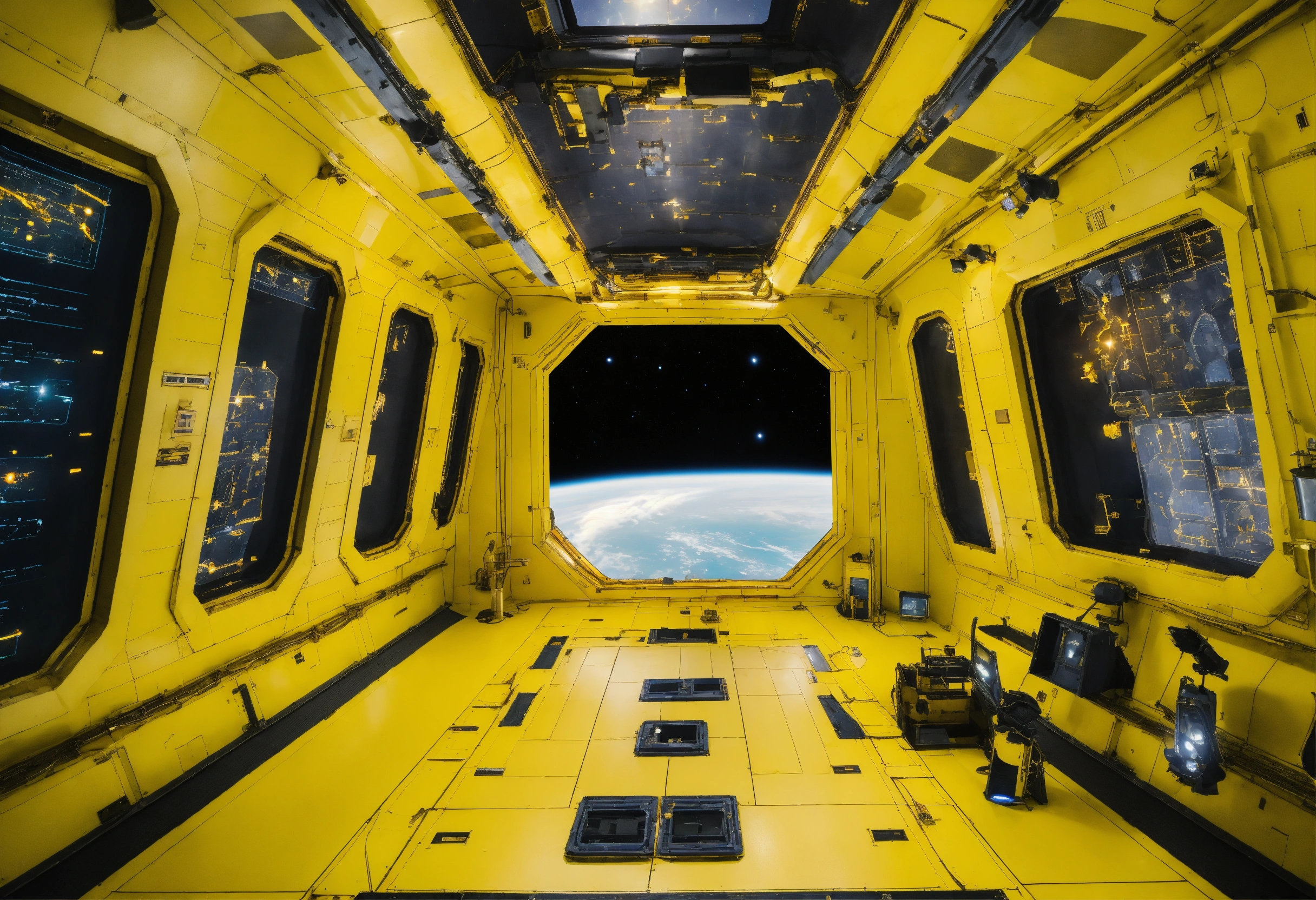 Lexica - Vew of space from a battleship doc of a yellow space station