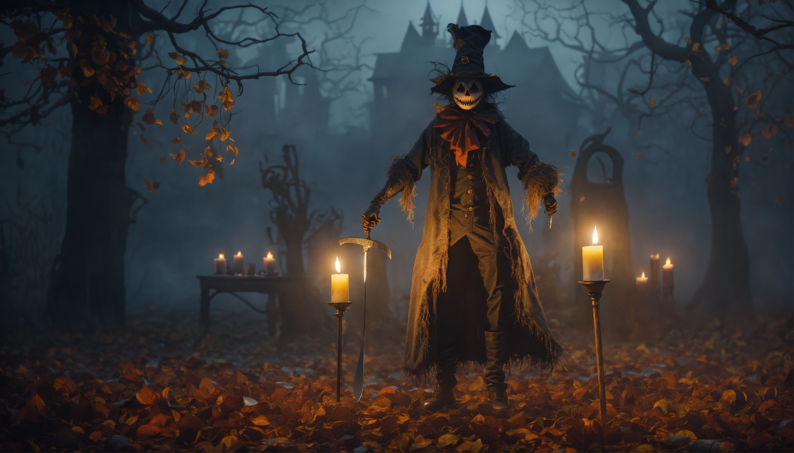 Lexica - A very scary scarecrow holding a large knife, Halloween, night ...