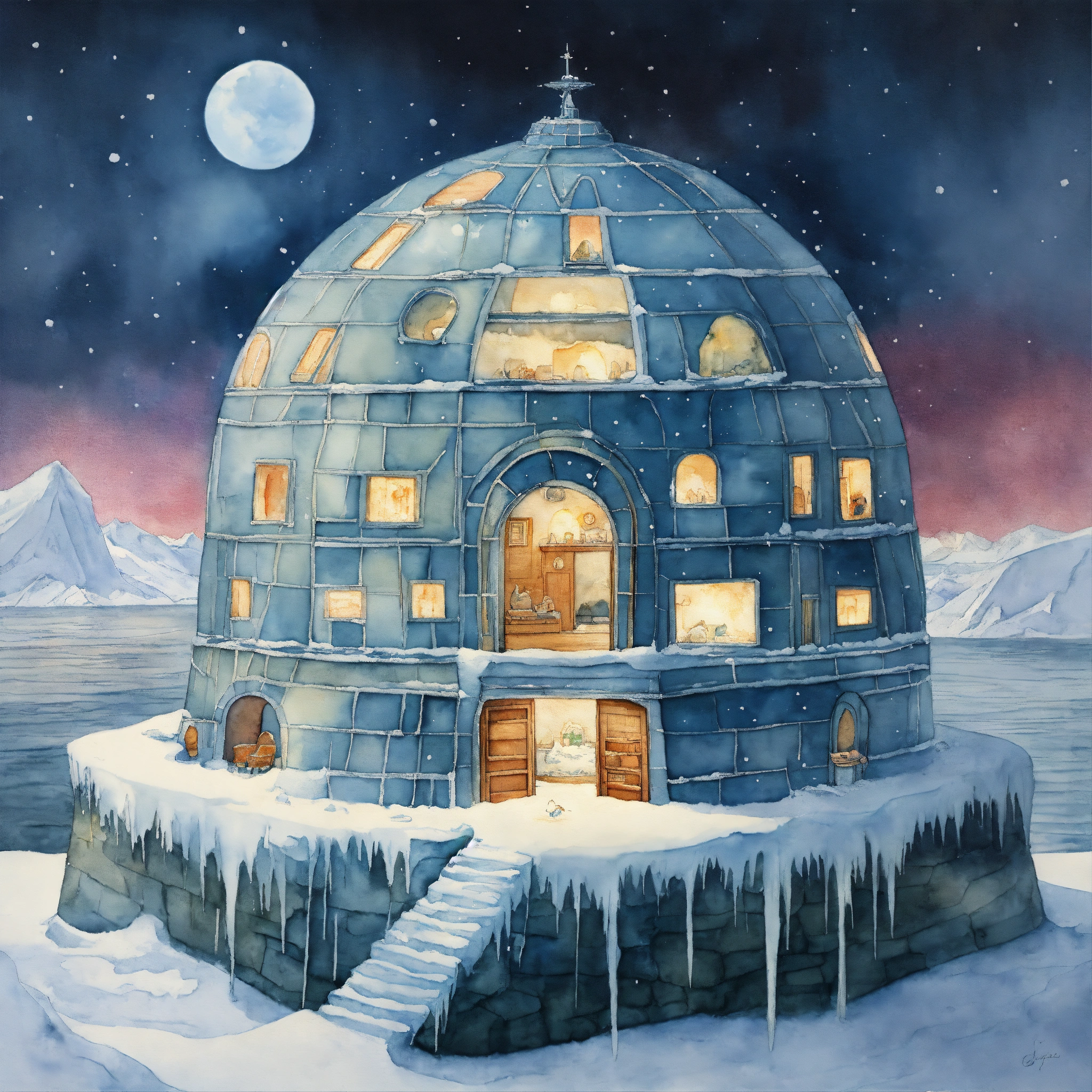 Lexica - A watercolor painting depicting an intricately detailed igloo, partitioned into four ...