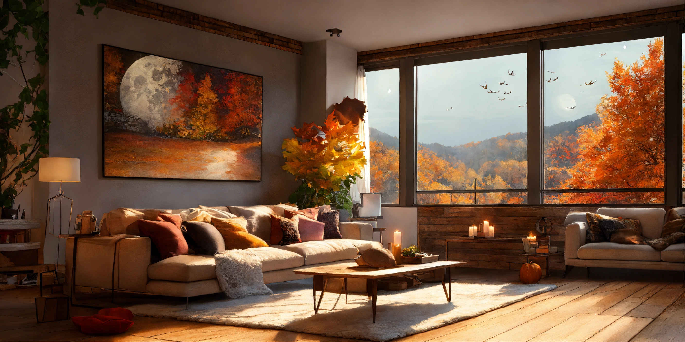 Lexica - Cozy living room, fall theme, leafs, grafitti fall art, big ...