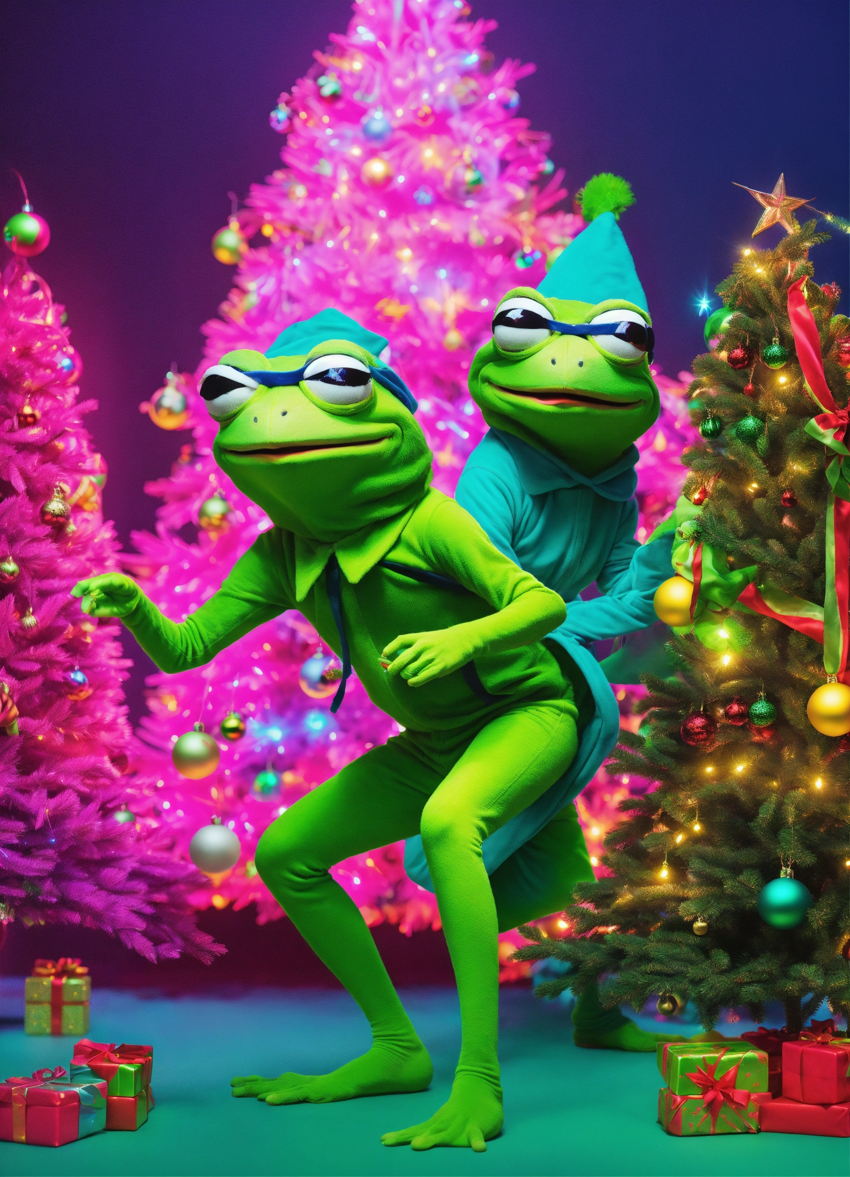 Lexica - Elves attempting viral dance moves, knocking over the Christmas tree, vibrant neon ...
