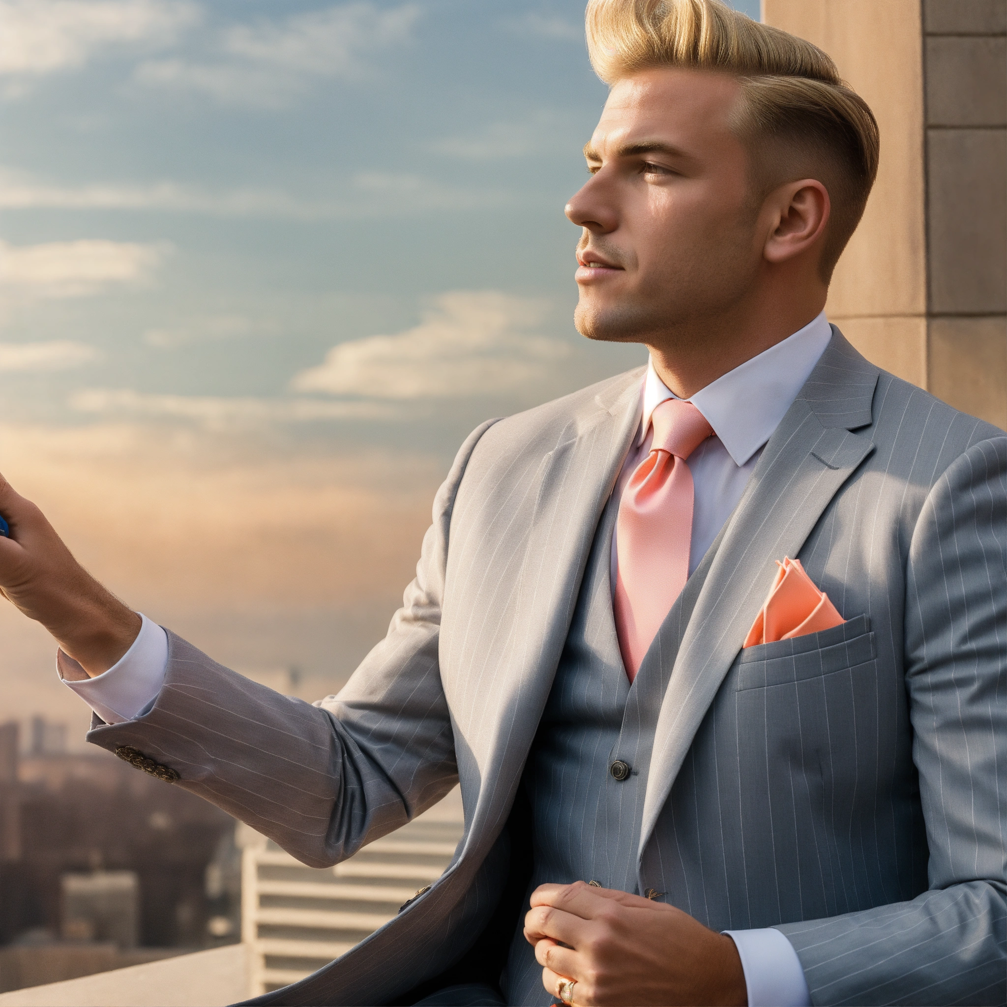 Lexica - Two blonde male banker, light grey pinstripe vested suit ...