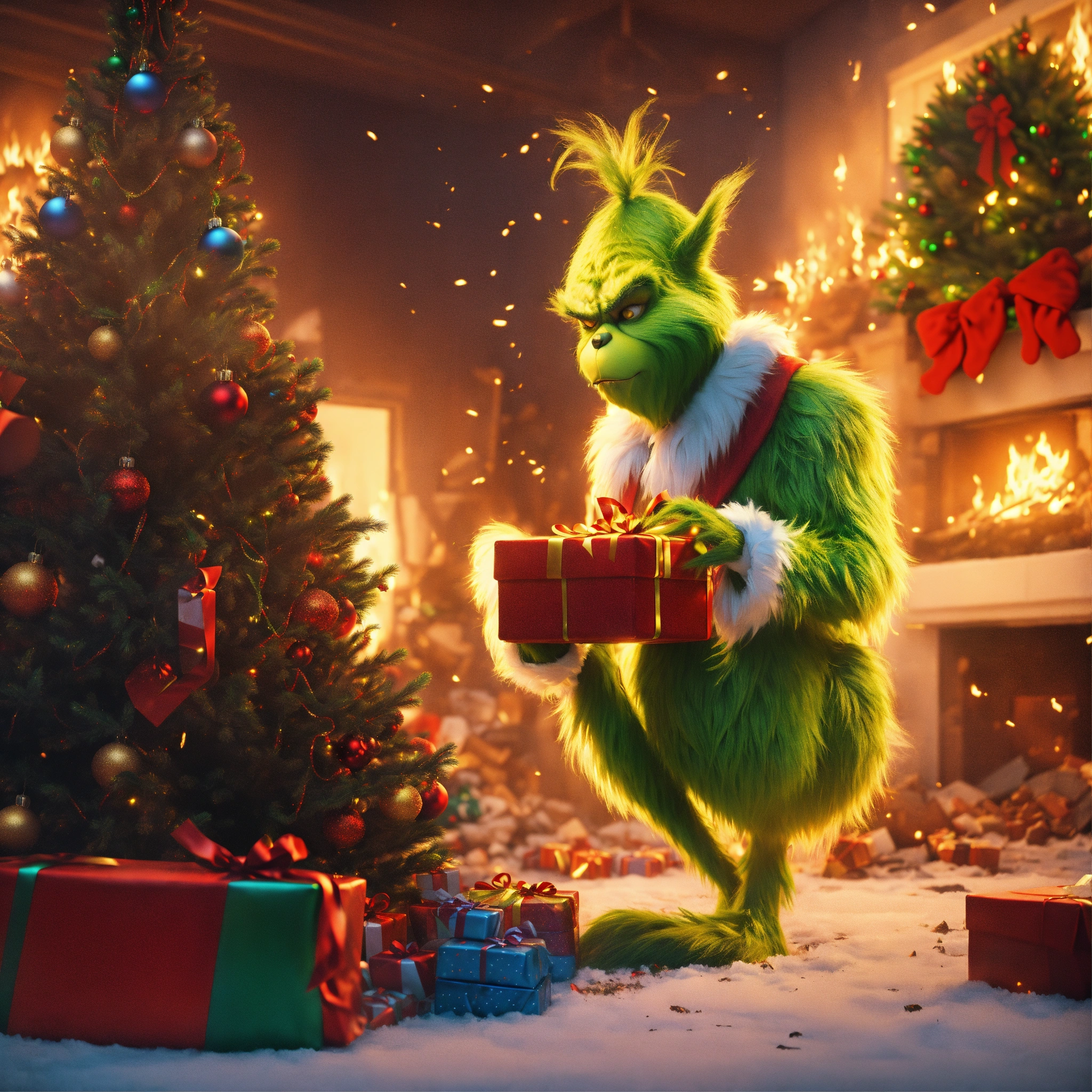 Lexica - A classical painting of evil Grinch standing around destroyed ...