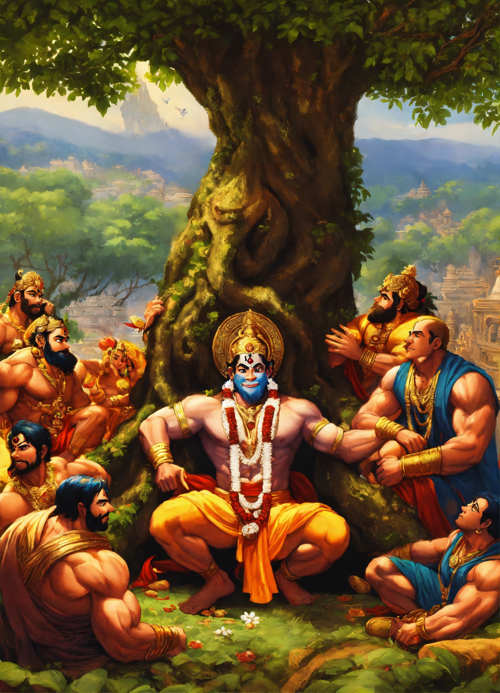 Lexica - Lord Hanuman relaxing under a Tree and all Avengers trying to ...