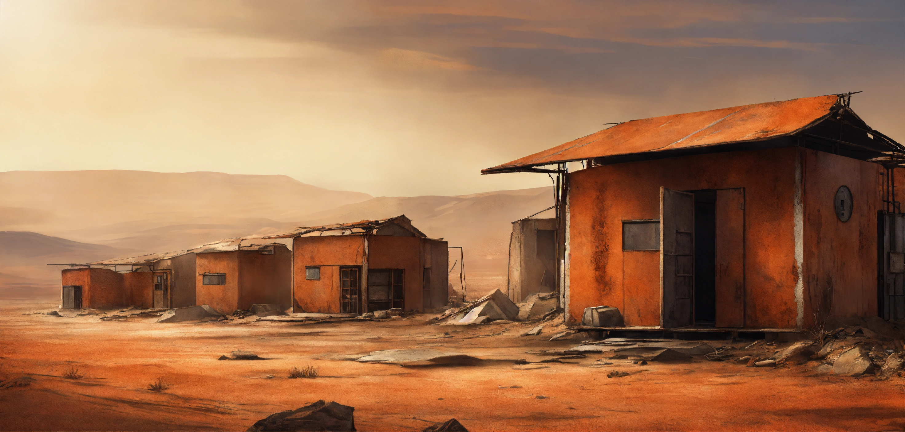 Lexica - Conept art, post apocalyptic, wasteland, sheet metal huts ...